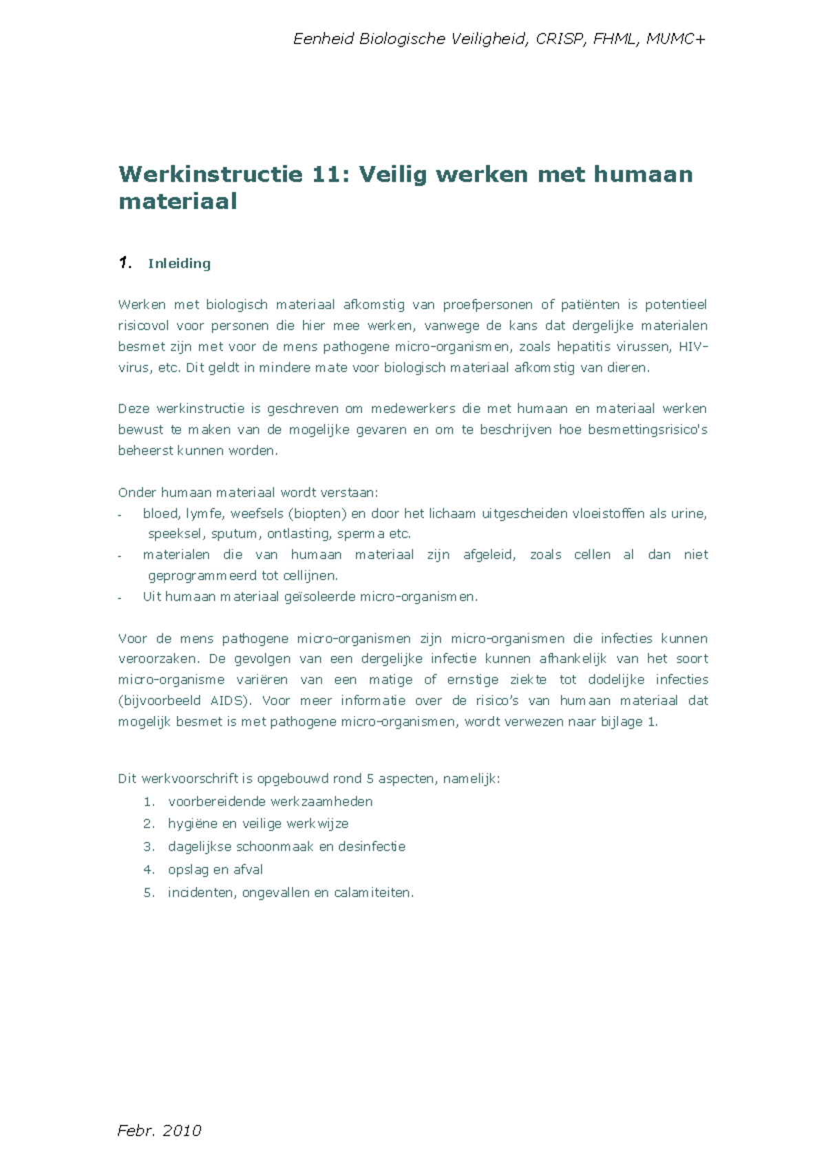 Werkinstructie - Veilig werken met humaan materiaal - Eenheid ...