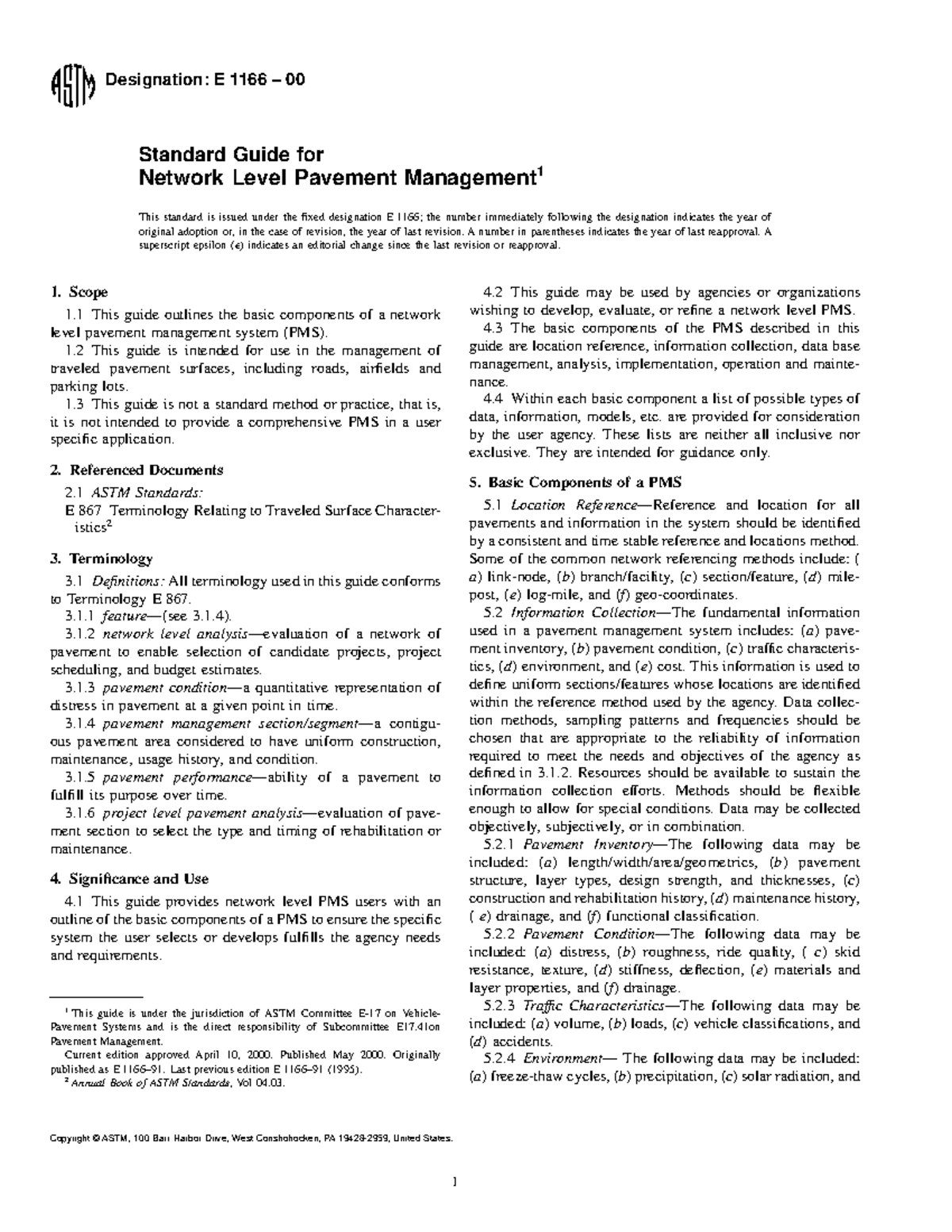 E1166 - Standard Guide for Network Level Pavement Management1 - Designation: E 1166 – 00 ...