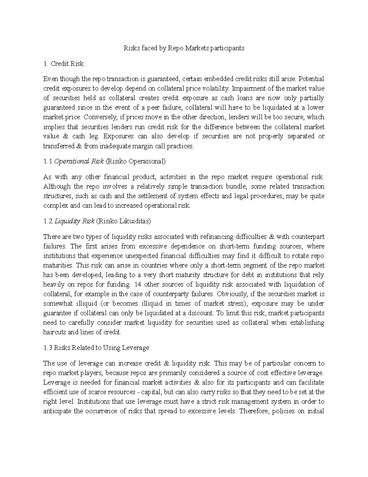 Risks faced by Repo Markets participants - Potential credit exposures ...