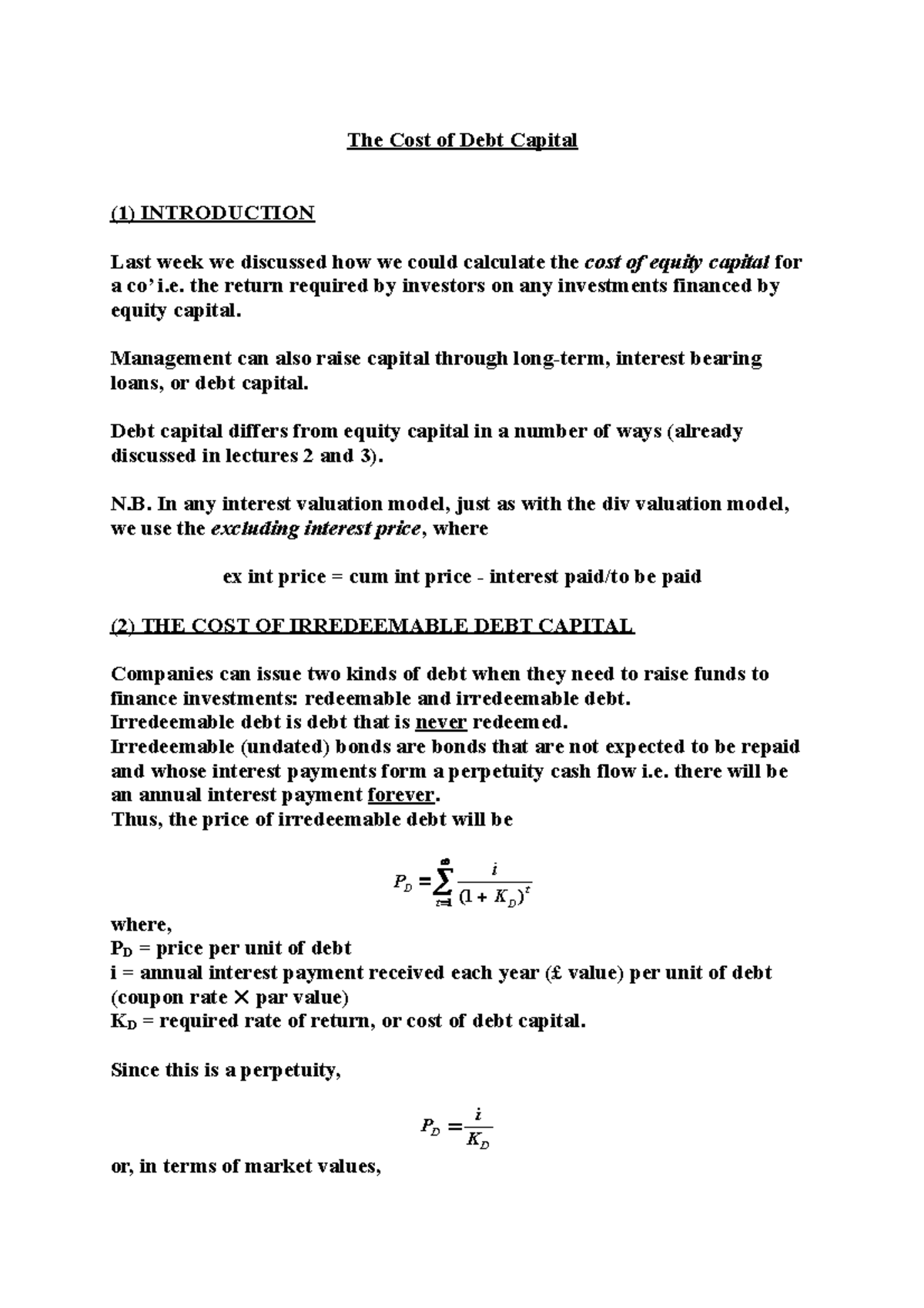 Corpoate Finance Lecture 6 - The Cost of Debt Capital (1) INTRODUCTION ...