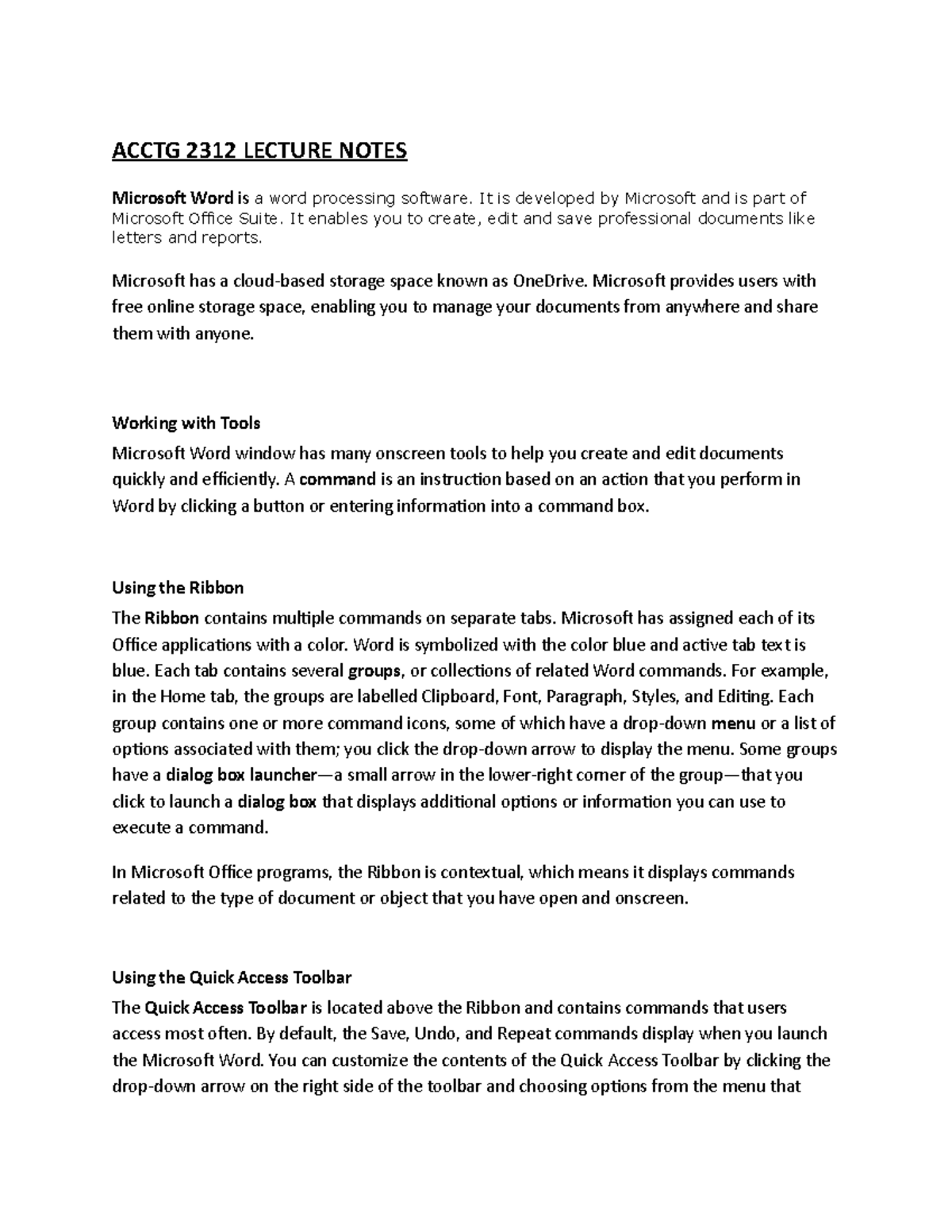 Ms Word Lecture Notes Acctg 2312 Lecture Notes Microsoft Word Is A Word Processing Software