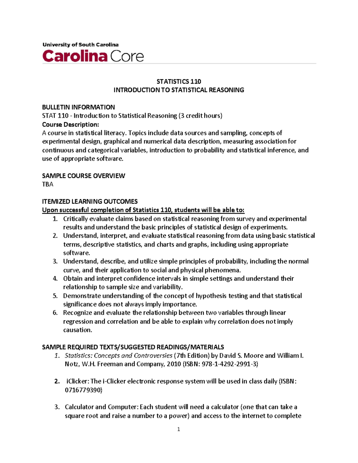 Stat110 - ADHD - STATISTICS 110 INTRODUCTION TO STATISTICAL REASONING ...