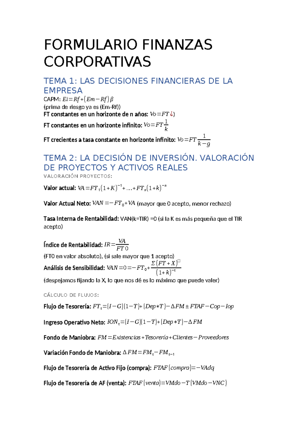 Formulario Finanzas Corporativas - FORMULARIO FINANZAS CORPORATIVAS ...