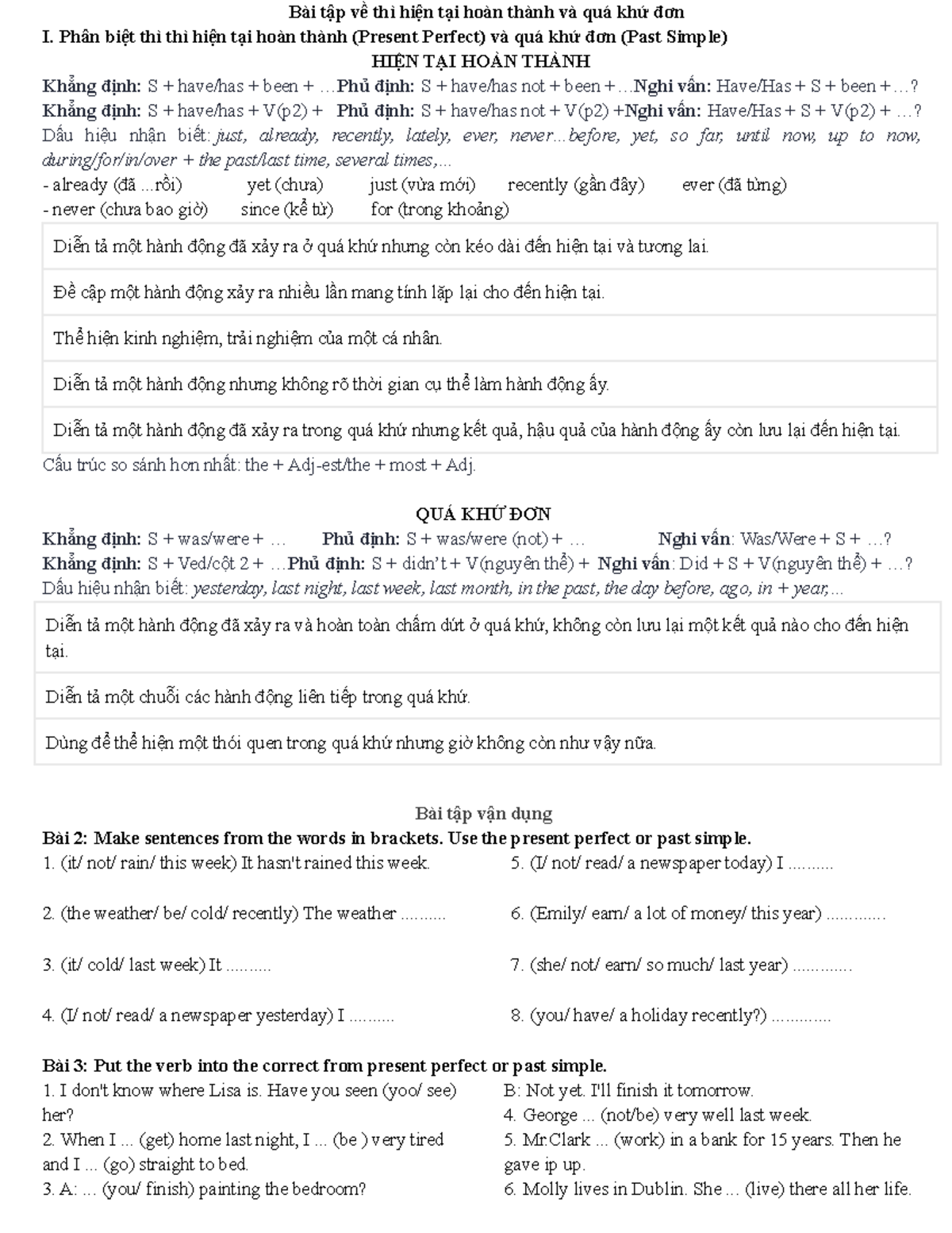 Bai tap ve thi hien tai hoan thanh va qua khu don - Bài tập về thì hiện tại hoàn thành và quá ...