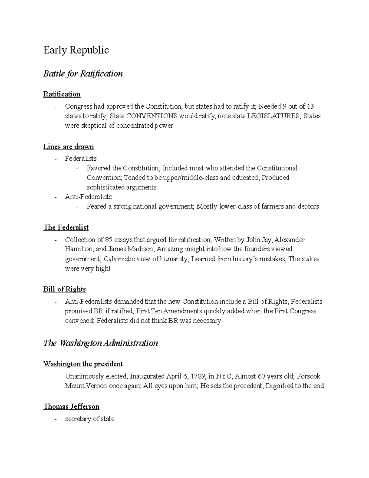 Early Republic Lecture Notes - Early Republic Battle for Ratification ...