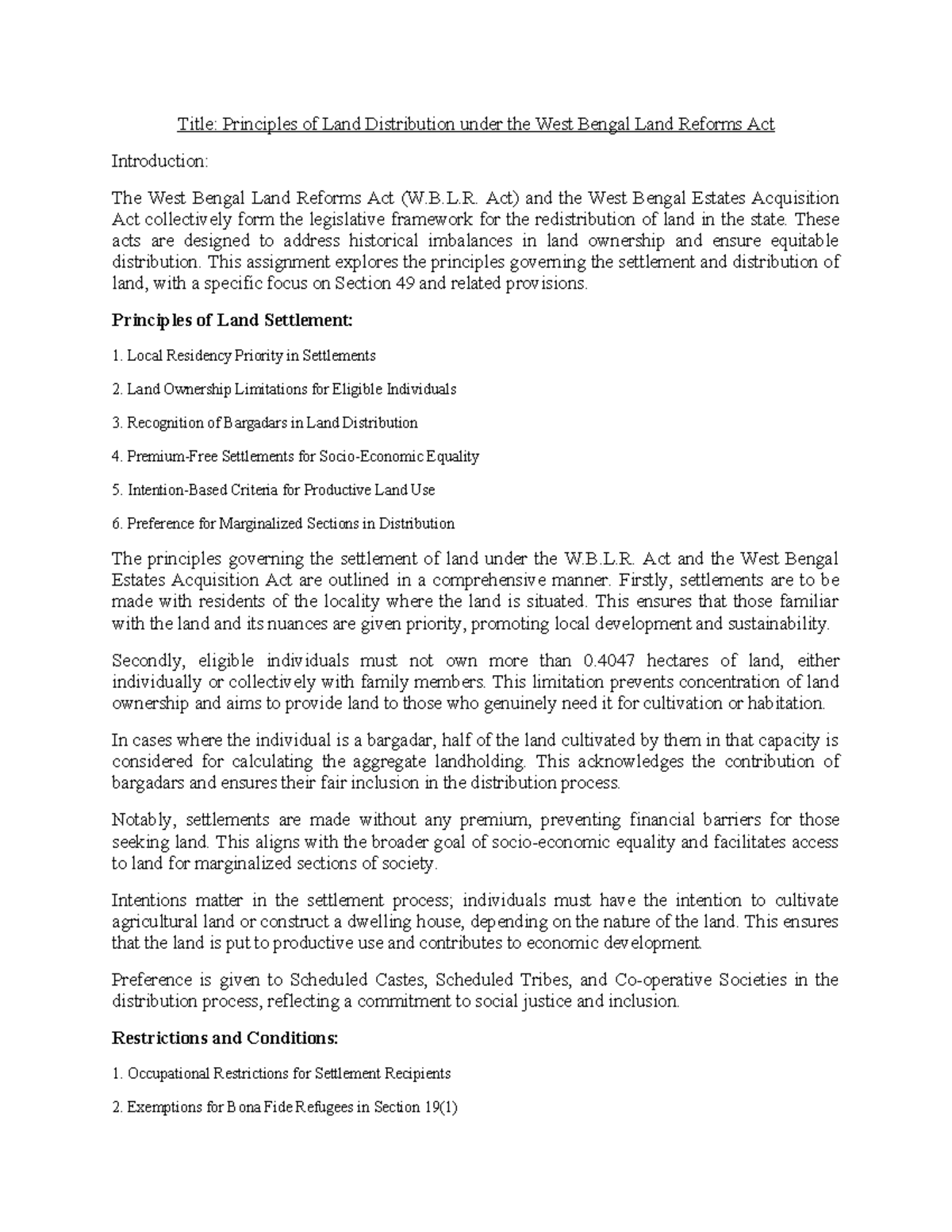 Further analysis of the principles of distribution of land - Title ...