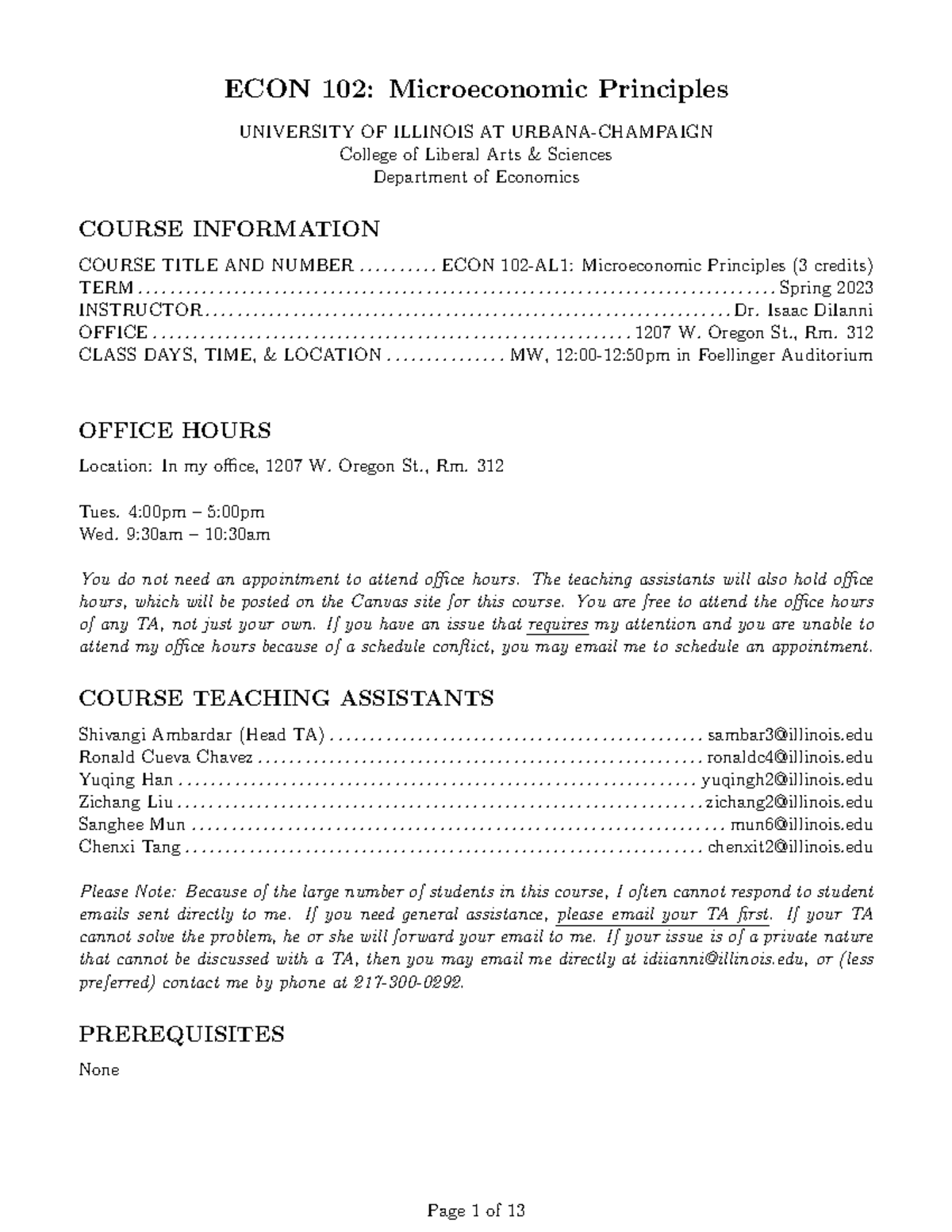 Econ 102 23-24 Fall Syllabus - ECON 102: Microeconomic Principles UNIVERSITY OF ILLINOIS AT ...