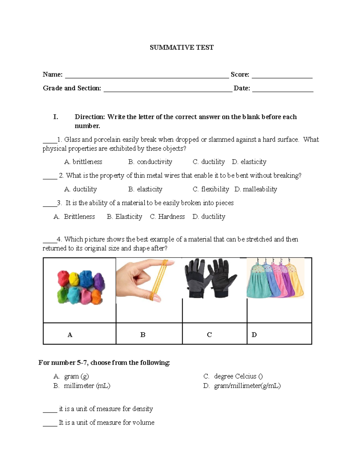 Test Questions Science Grade 5 - SUMMATIVE TEST Name