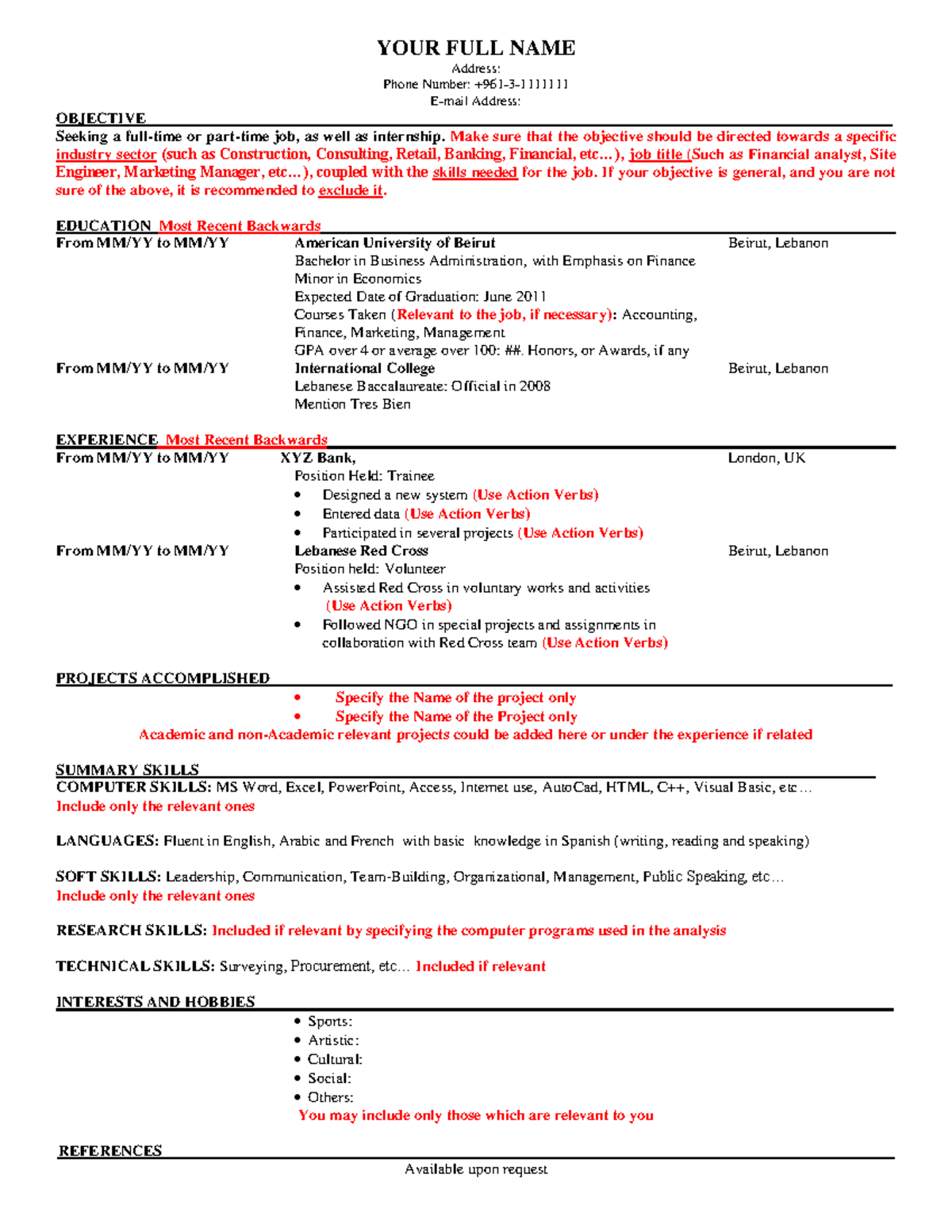 Msfea-CDC-Sample Resume - YOUR FULL NAME Address: Phone Number: +961- 3 ...