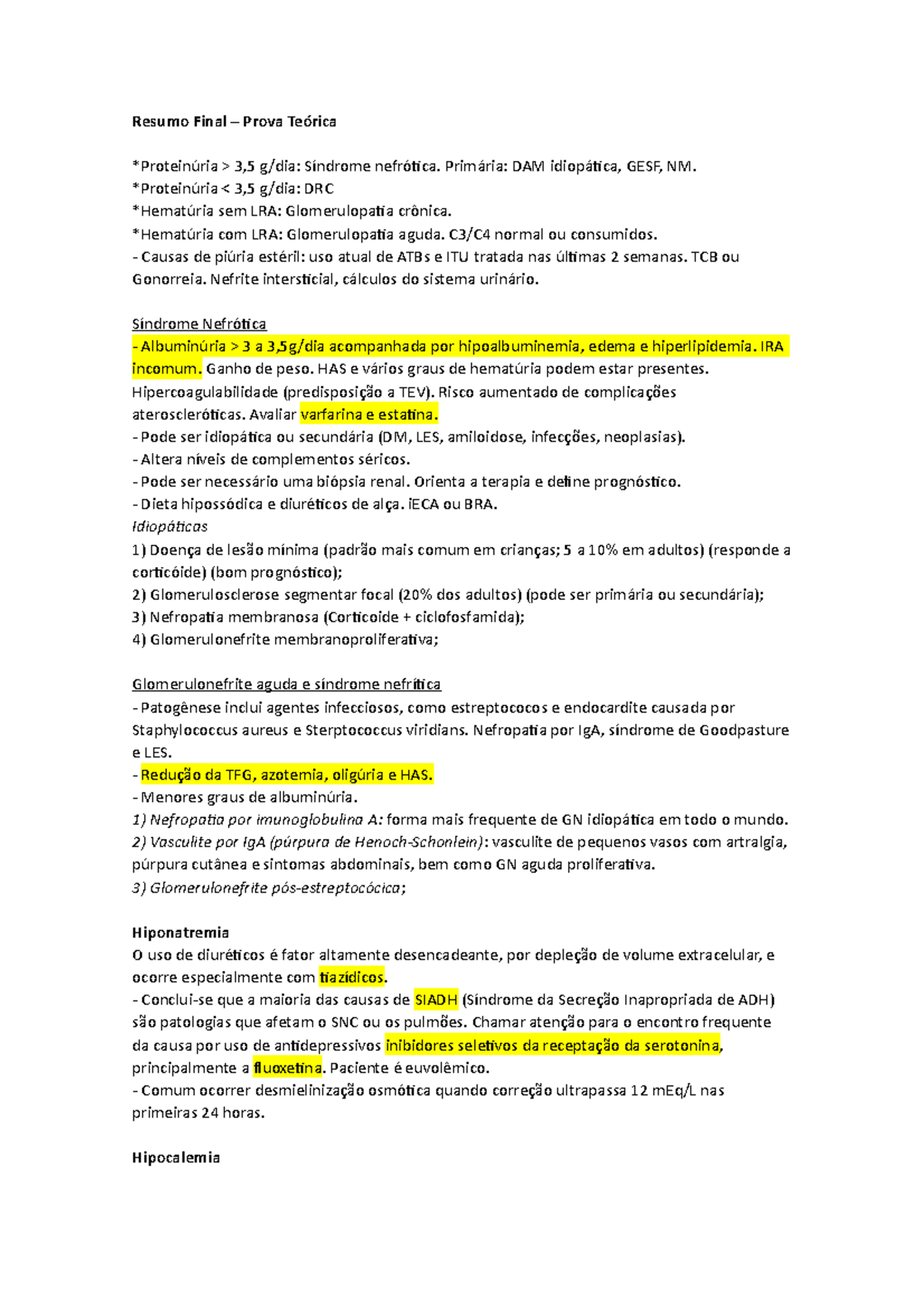 Resumo unificado clínica - Resumo Final – Prova Teórica *Proteinúria ...