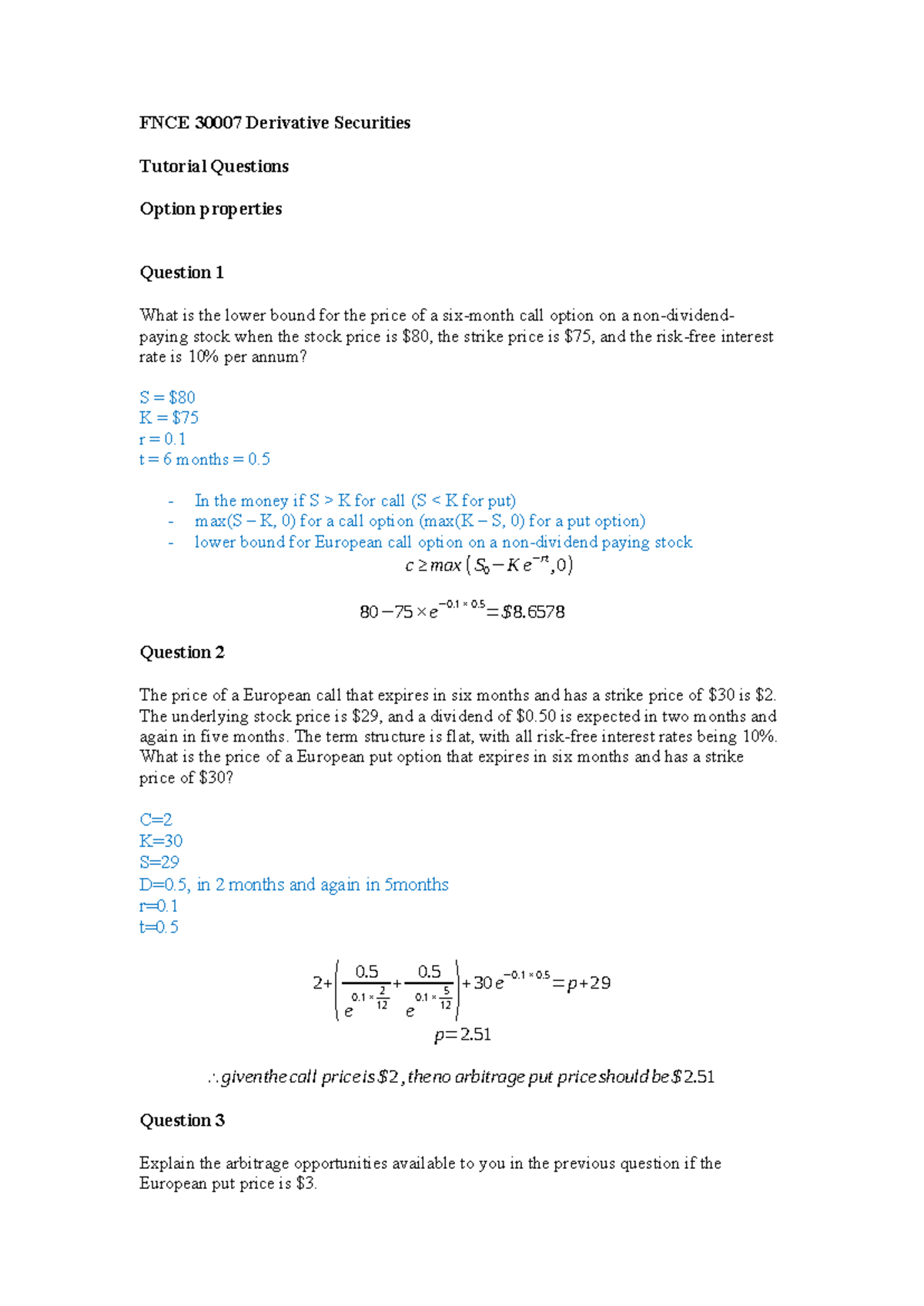Tutorial 4 - Option properties - FNCE 30007 Derivative Securities Tutorial Questions Option ...