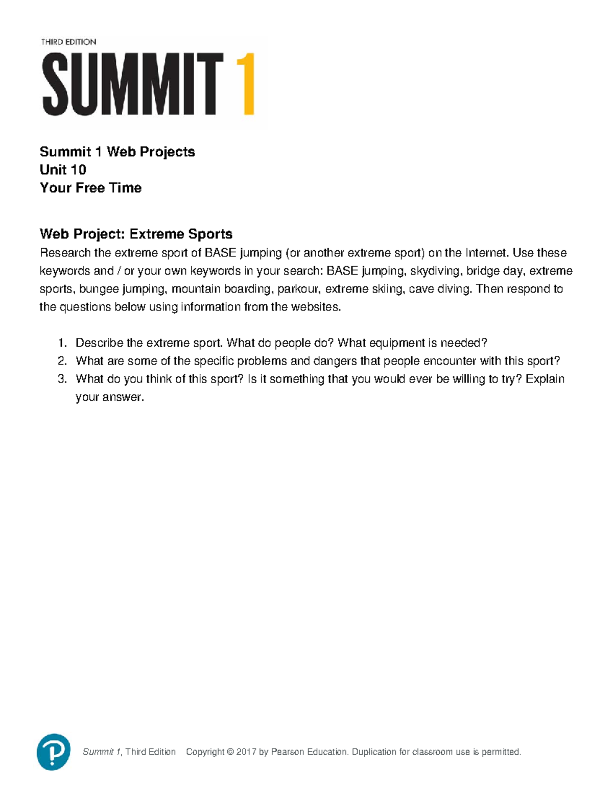 Summit 1 Web Projects Unit 10 - Summit 1, Third Edition Copyright ...
