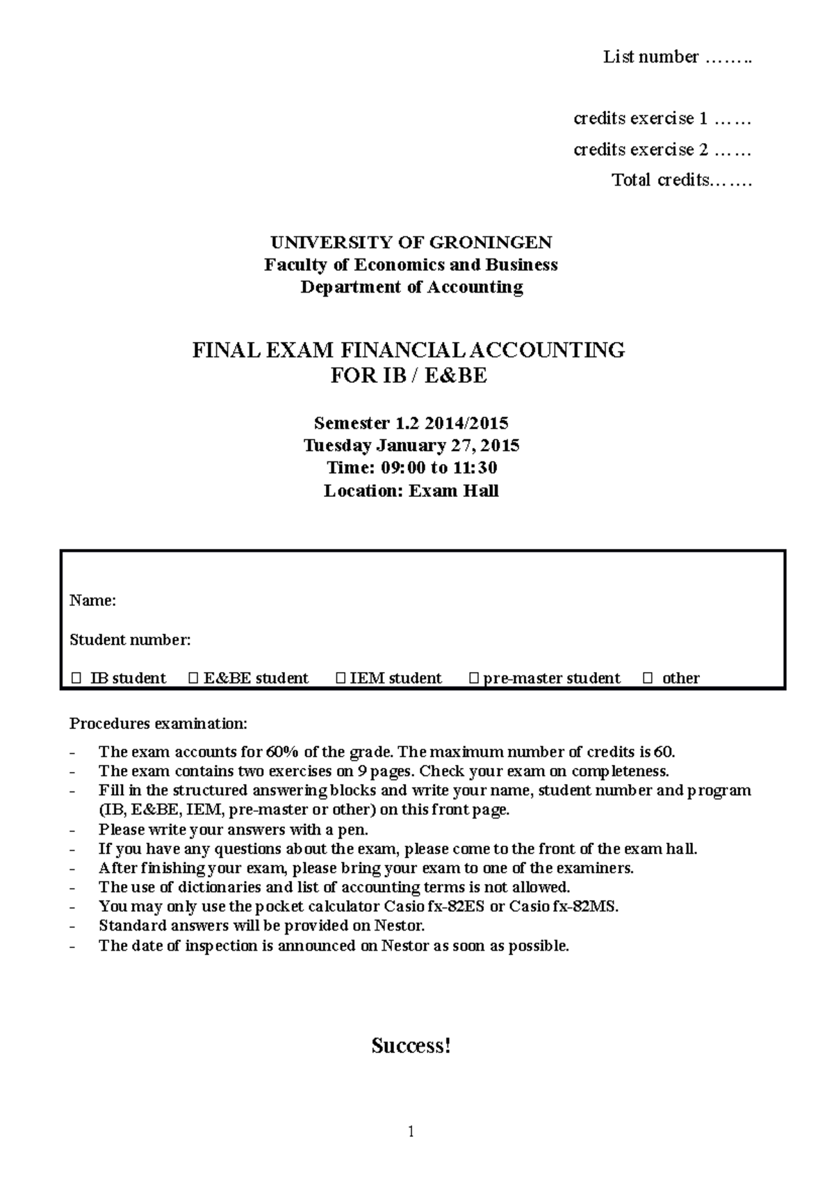 2015 01 27 FA exam - Final exam for financial accounting - List number ...