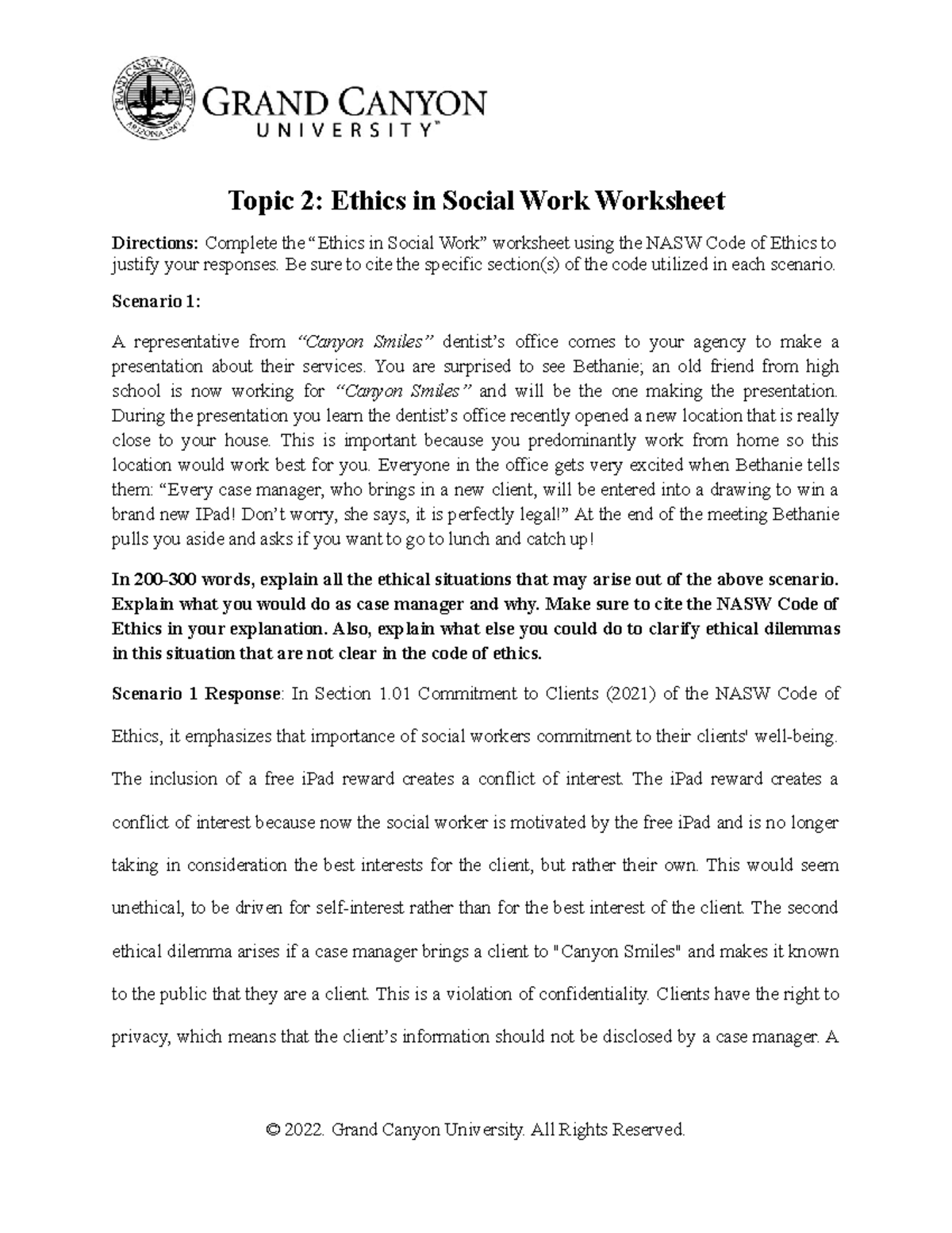SOC-445-Ethics Social Work Worksheet 2 - Topic 2: Ethics in Social Work ...