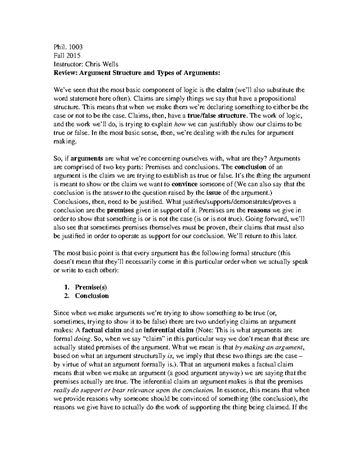 Argument Handout - Notes, study guide, slides, assignment - Phil. 1003 ...