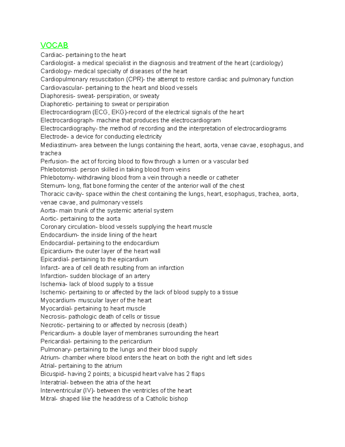 Chapter 6 - Cardiac - VOCAB Cardiac- pertaining to the heart ...