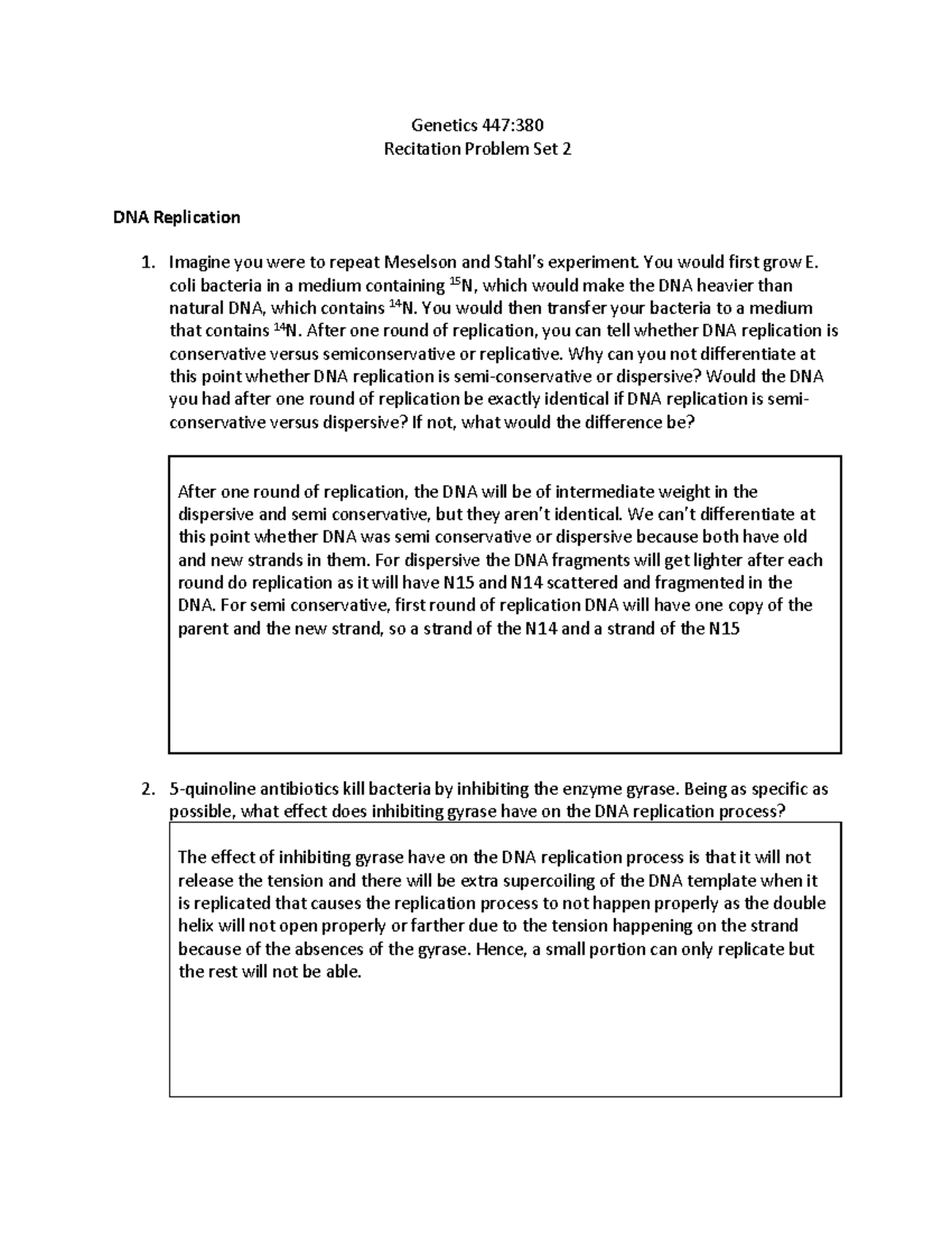 Recitation 2 Questions - Genetics 447: 380 Recitation Problem Set 2 DNA ...