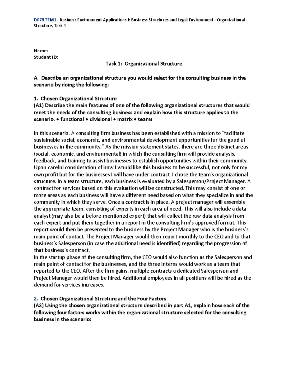 D078 Task 1 - Task 1 - D078 TEM1 - Business Environment Applications I ...