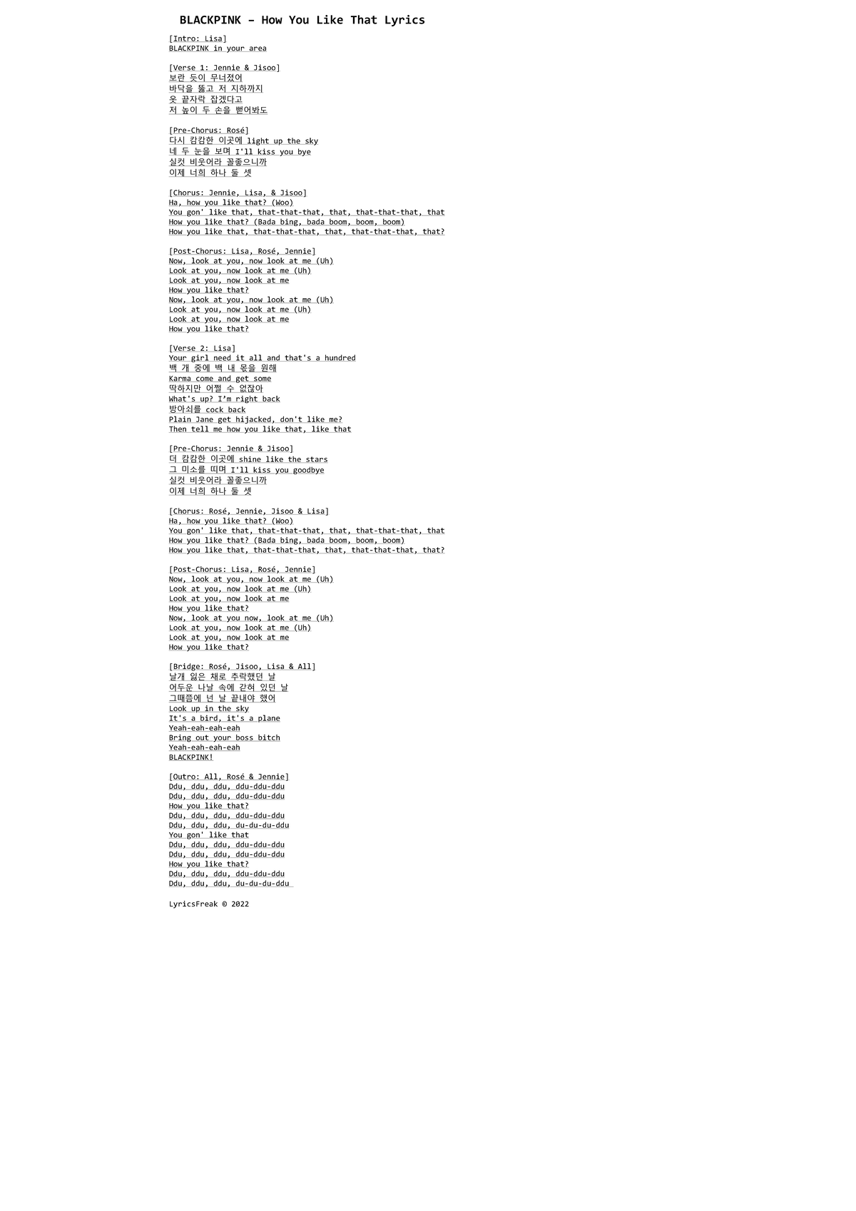 Blackpink - How You Like That lyrics Lyrics Freak - LyricsFreak © 2022 ...