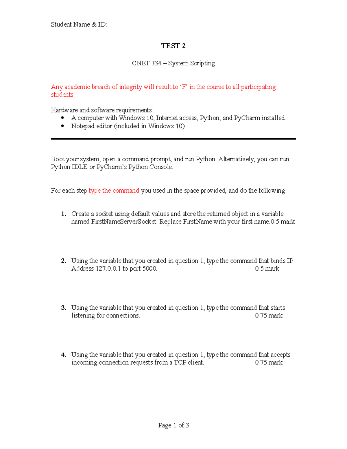 Test 2 - very useful - Student Name & ID: TEST 2 CNET 334 – System ...