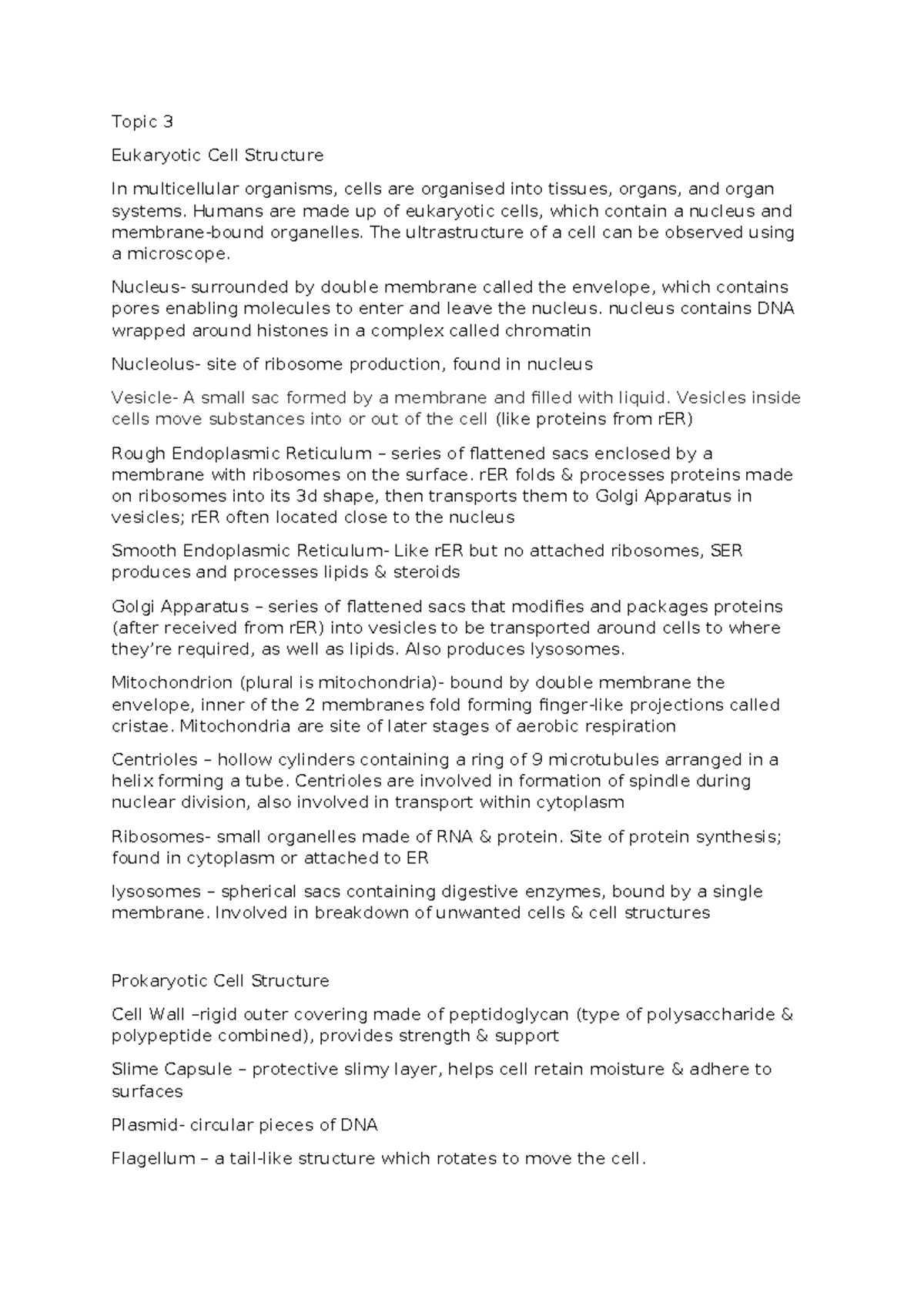 Biology Notes Drafts - Topic 3 - Topic 3 Eukaryotic Cell Structure In ...