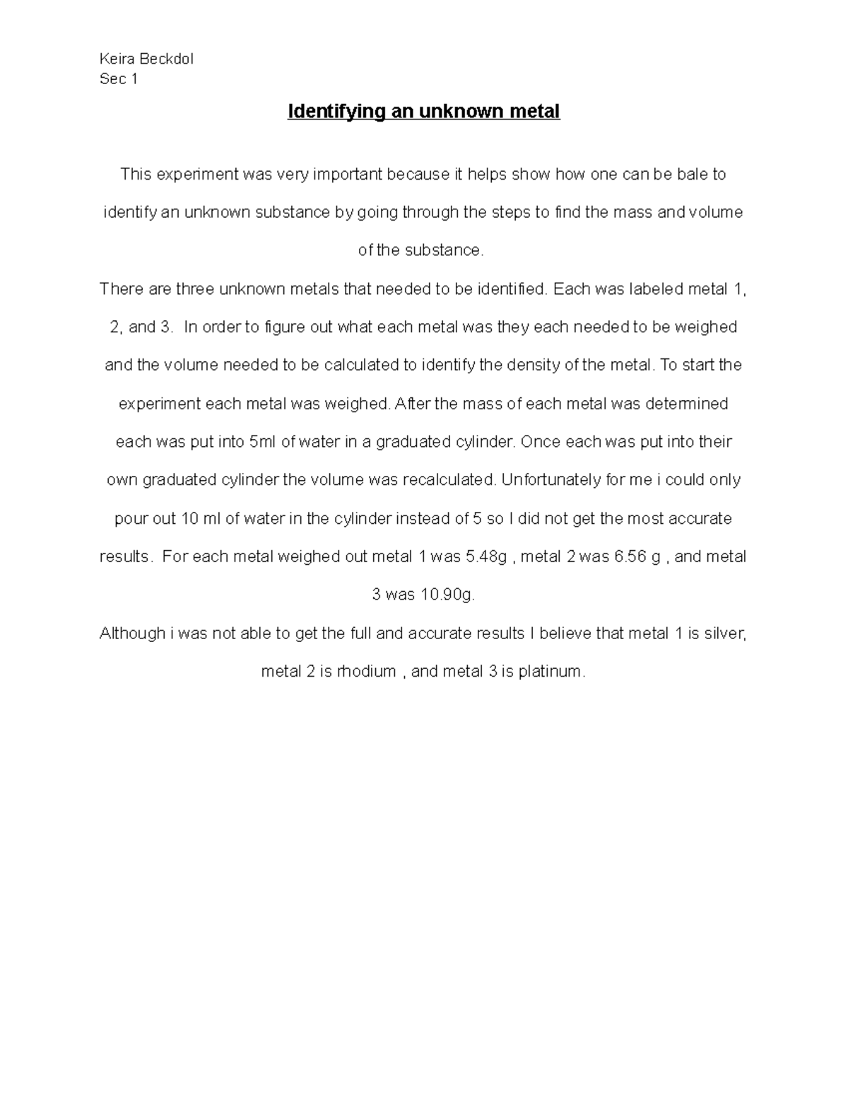Virtual lab - chem lab - Keira Beckdol Sec 1 Identifying an unknown ...