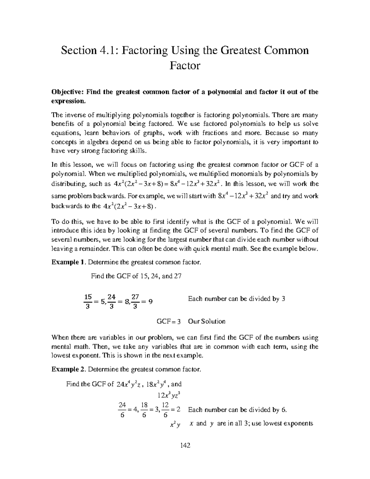 Math082 Section 4-1 Text - Section 4: Factoring Using the Greatest ...