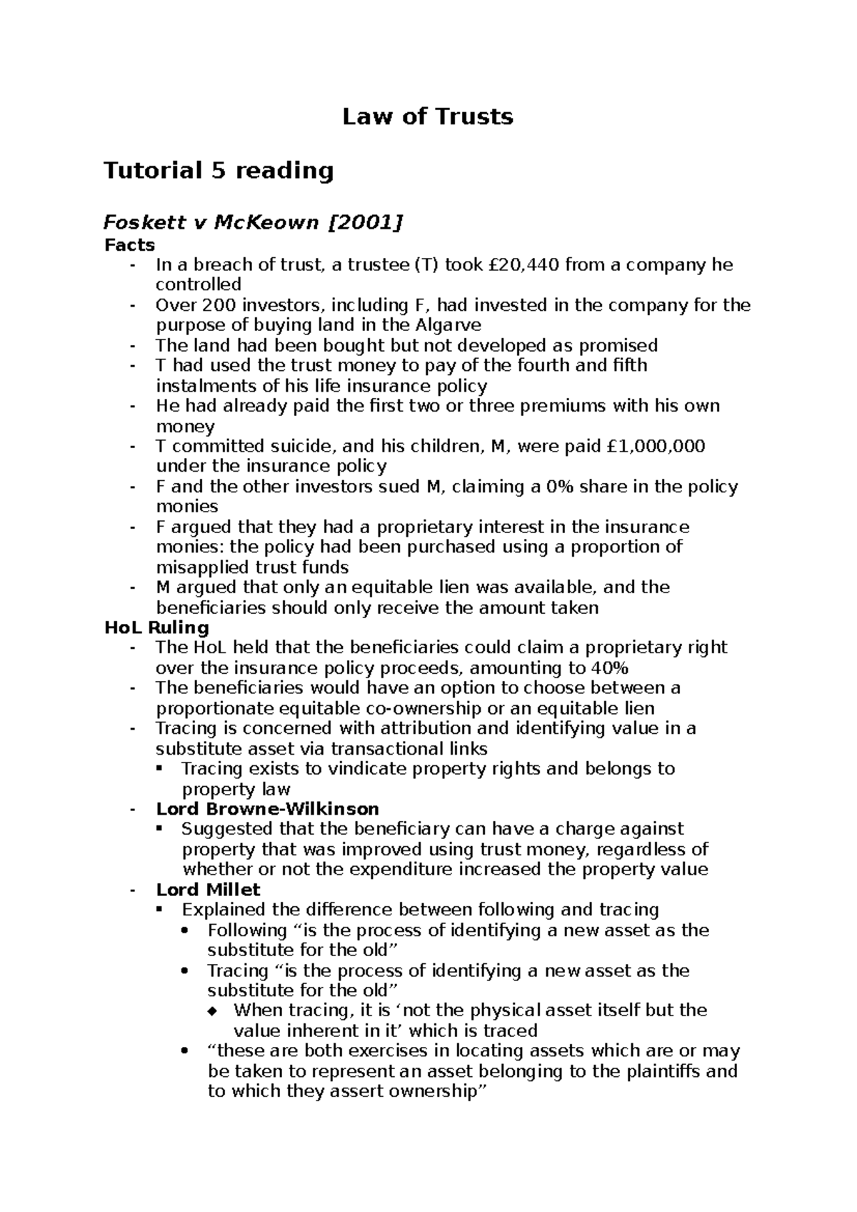 Tutorial 5 reading - Law of Trusts Tutorial 5 reading Foskett v McKeown ...