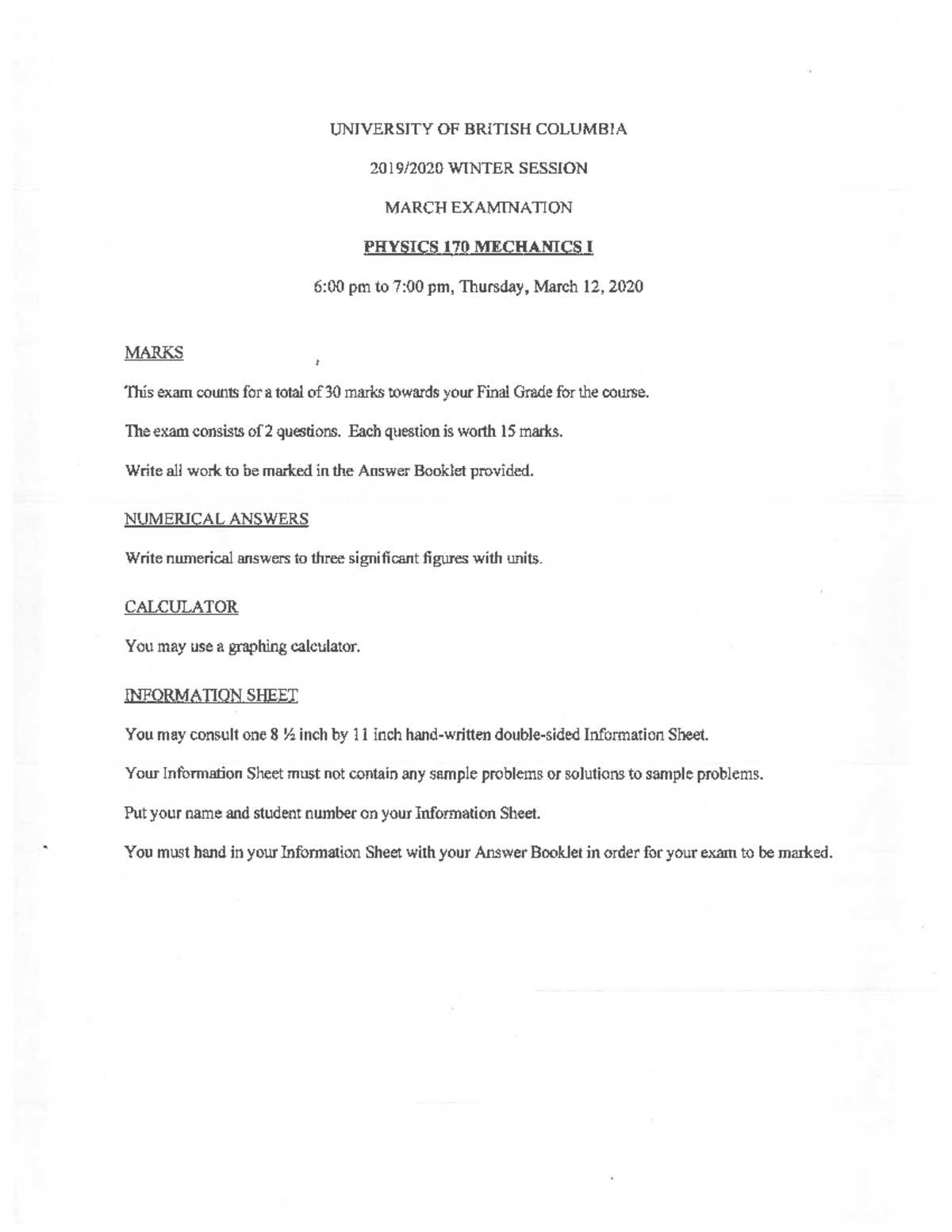 2019 W2 PHYS 170 March Exam Questions - PHYS 170 - Studocu