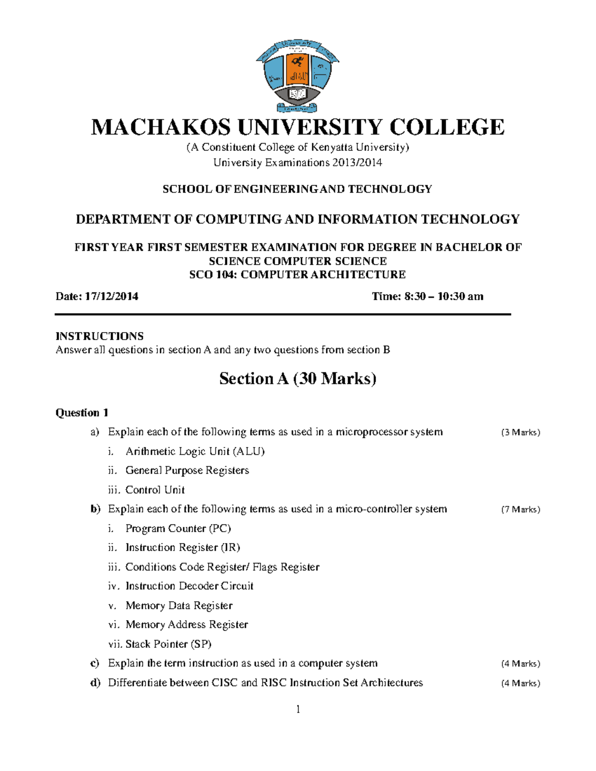 Sco 104 Computer Architecture 1 Machakos University College A Constituent College Of Kenyatta