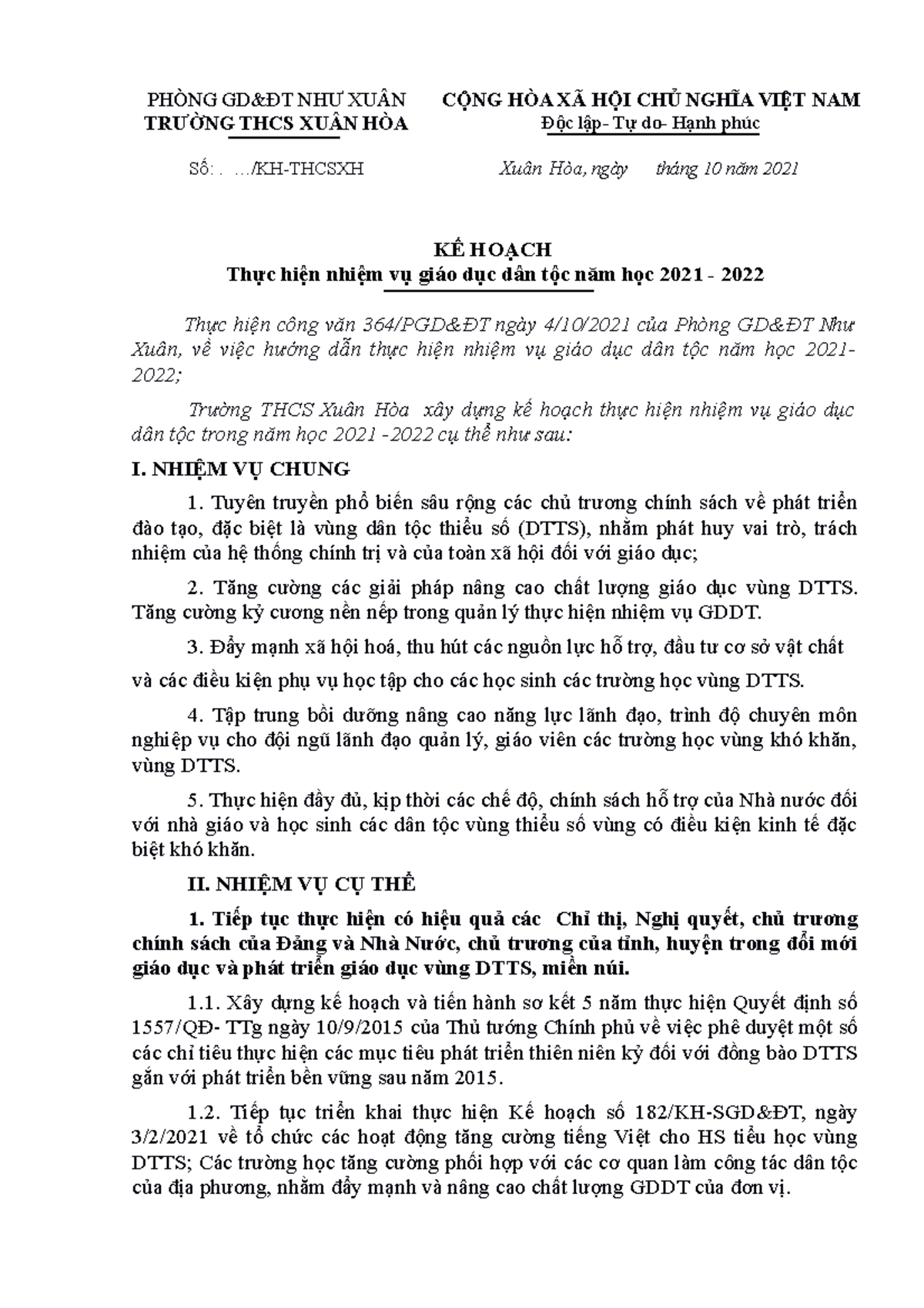 KE Hoach GIAO DUC DAN TOC - PHÒNG GD&ĐT NHƯ XUÂN TRƯỜNG THCS XUÂN HÒA ...