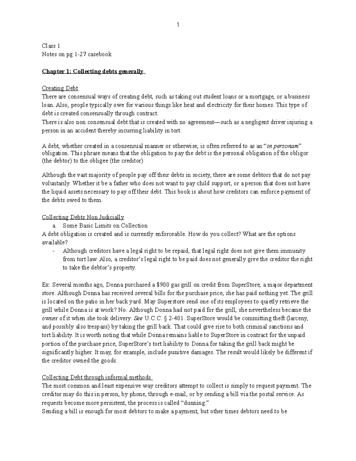 Secured Transactions Notes - Class 1 Notes on pg 1-27 casebook Chapter ...