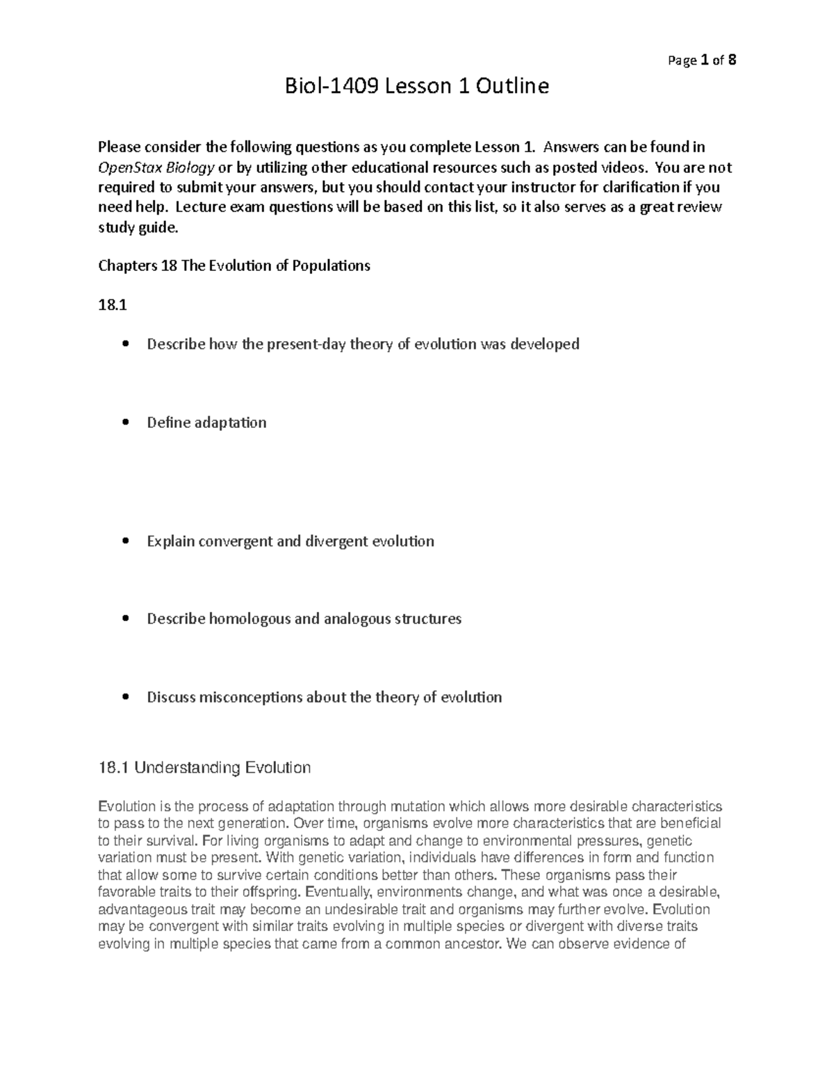 Lesson Outline 1 - 1409 - Lecture notes Chapter 1 - BIOL-1409 - TCCD ...