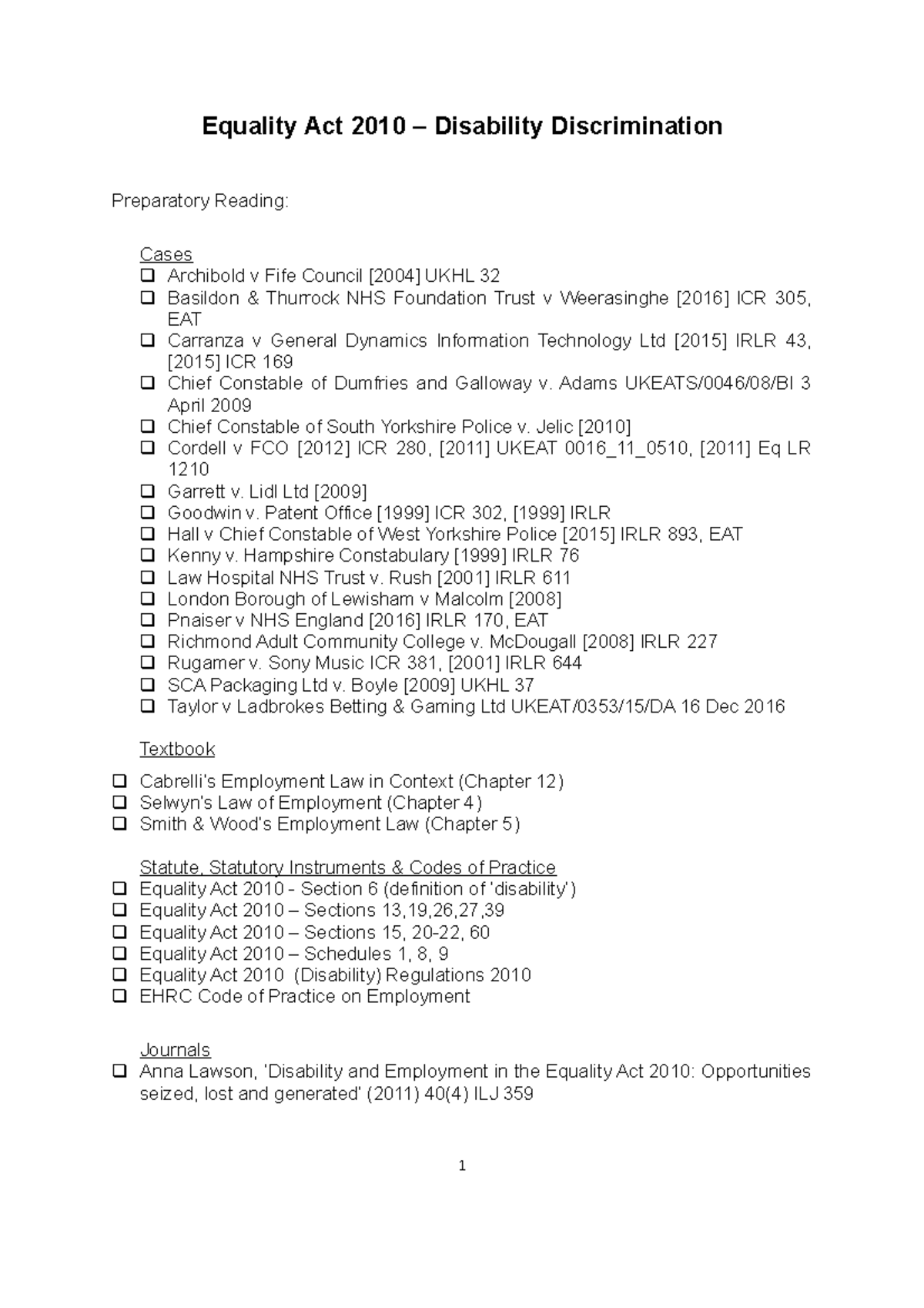 9 Disability Discrimination Revision Sheet - Equality Act 2010 ...