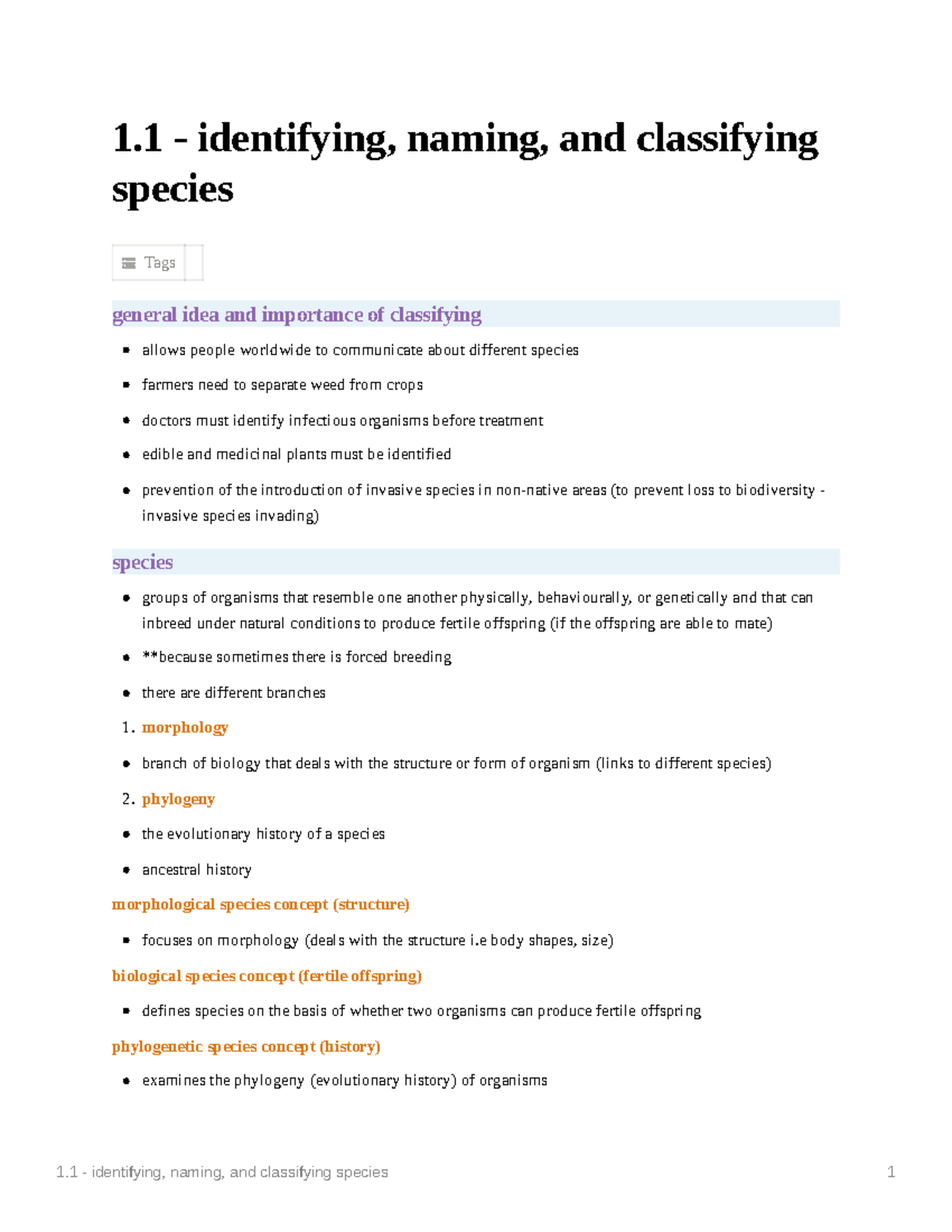 1 - bio - 1 - identifying, naming, and classifying species Tags general idea and importance of ...