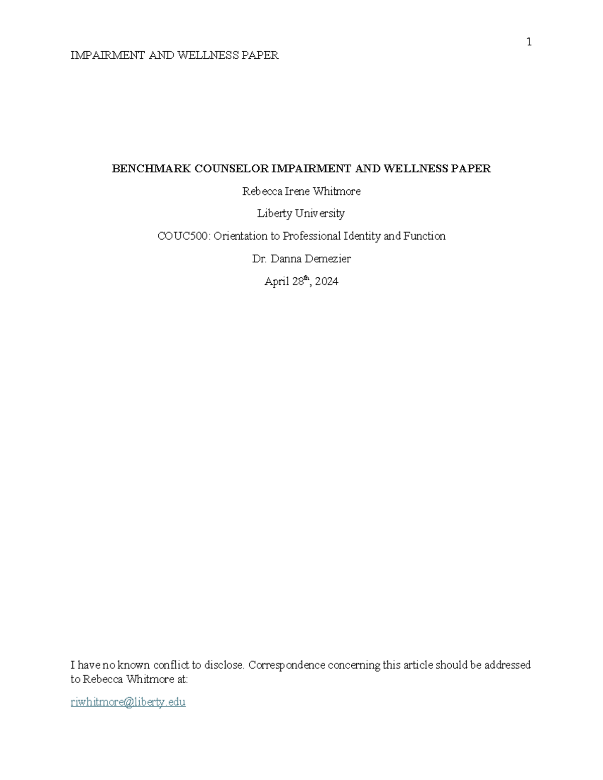 Benchmark Counselor Impairment AND Wellness Paper - IMPAIRMENT AND ...