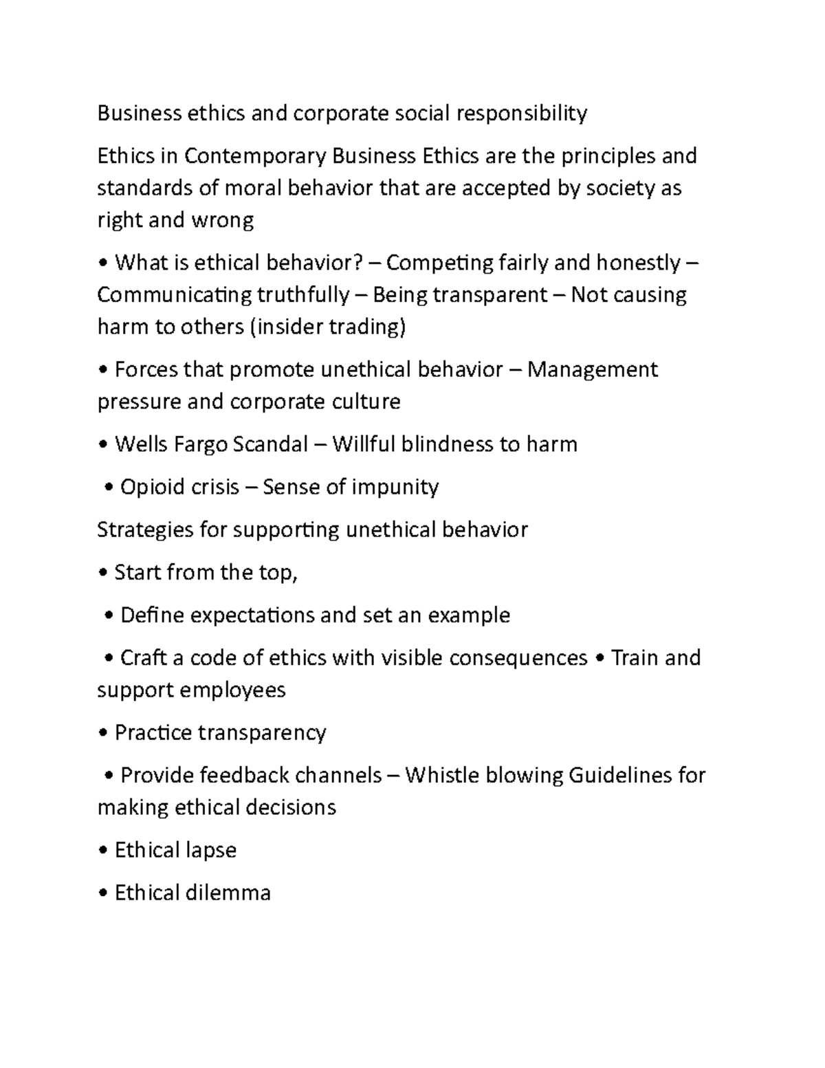 BUS Intro CH 4 study uide - Business ethics and corporate social ...