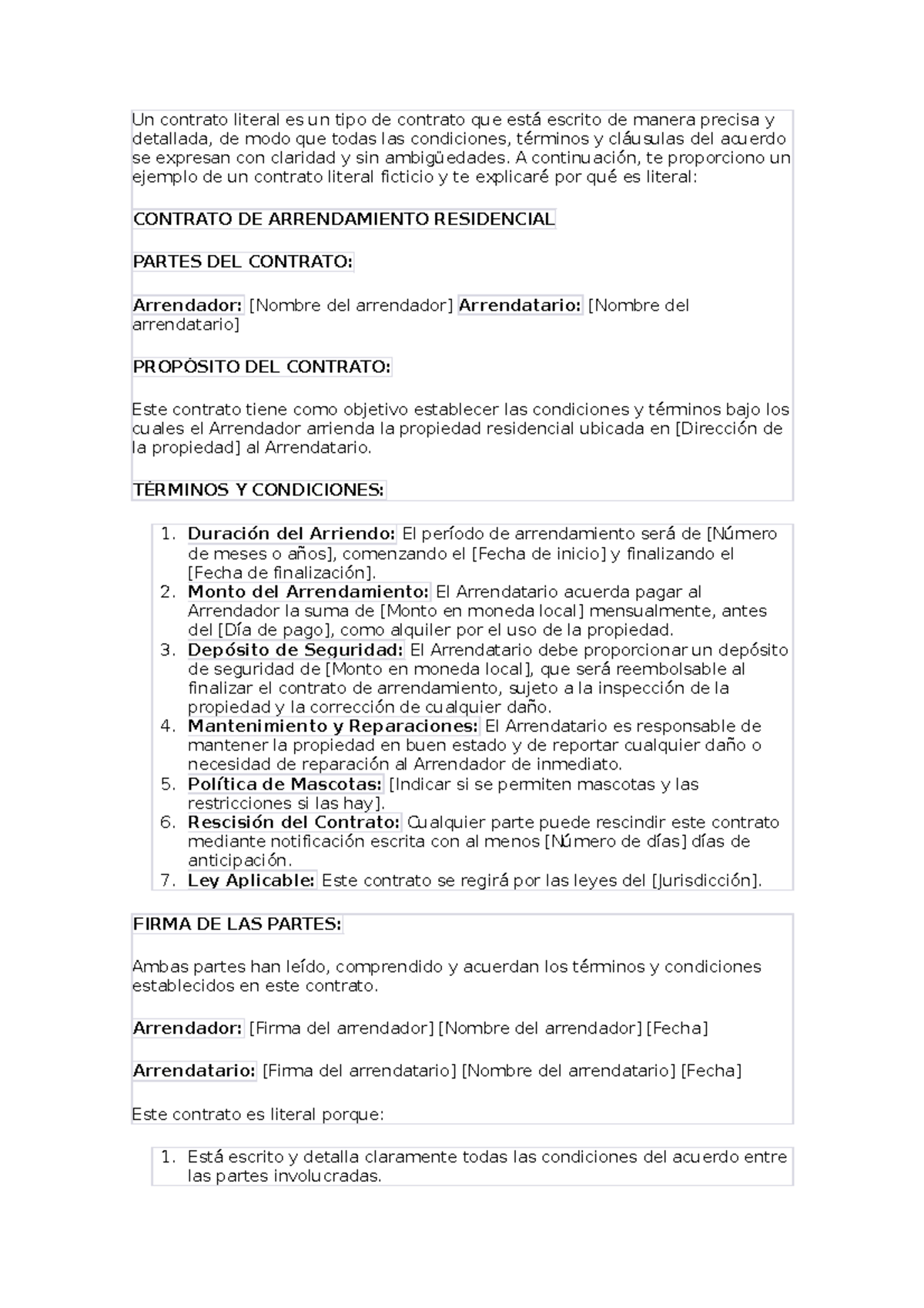 Un contrato literal es un tipo de contrato que está escrito de manera ...
