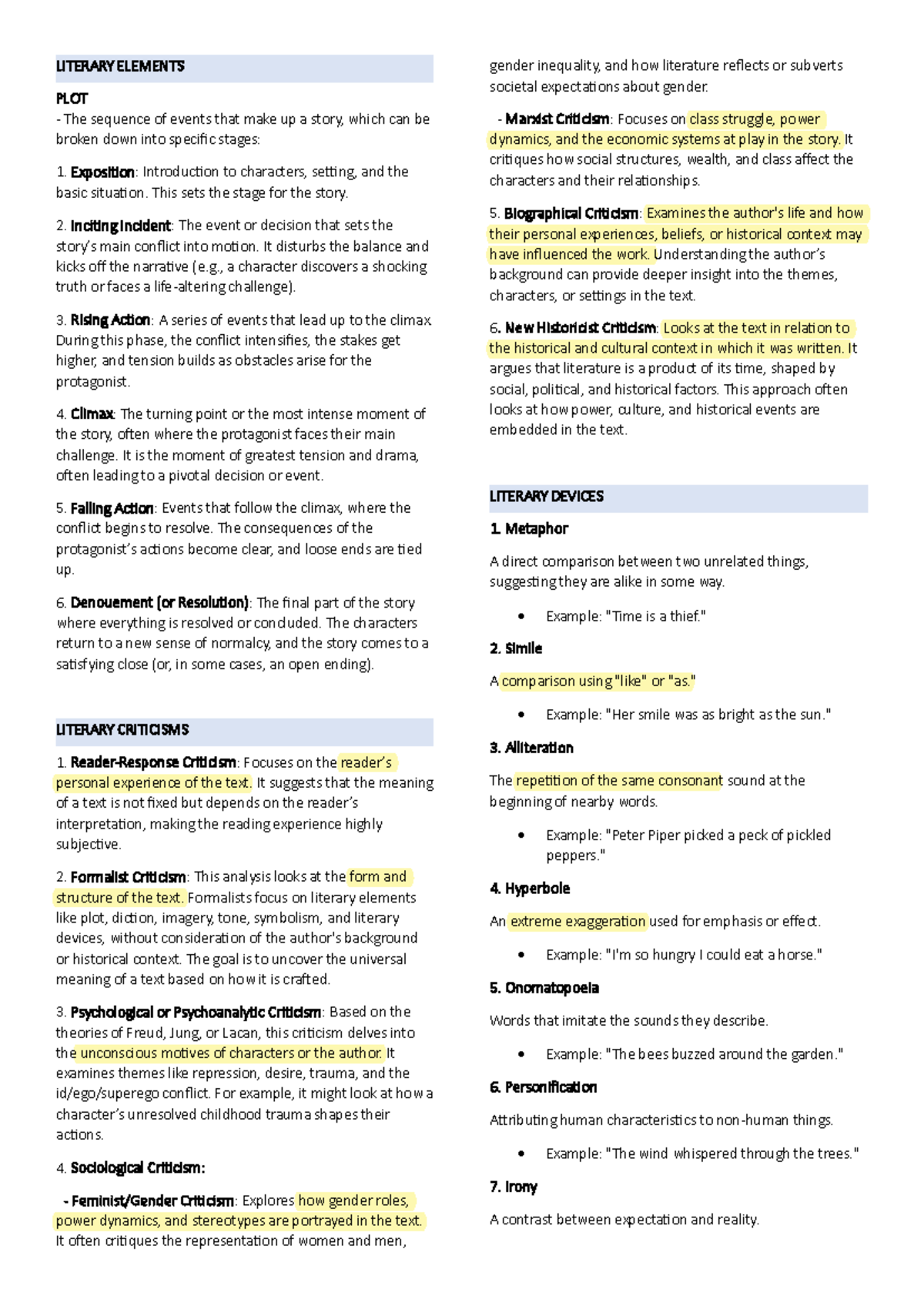 Lit notes - LITERARY ELEMENTS PLOT The sequence of events that make up ...