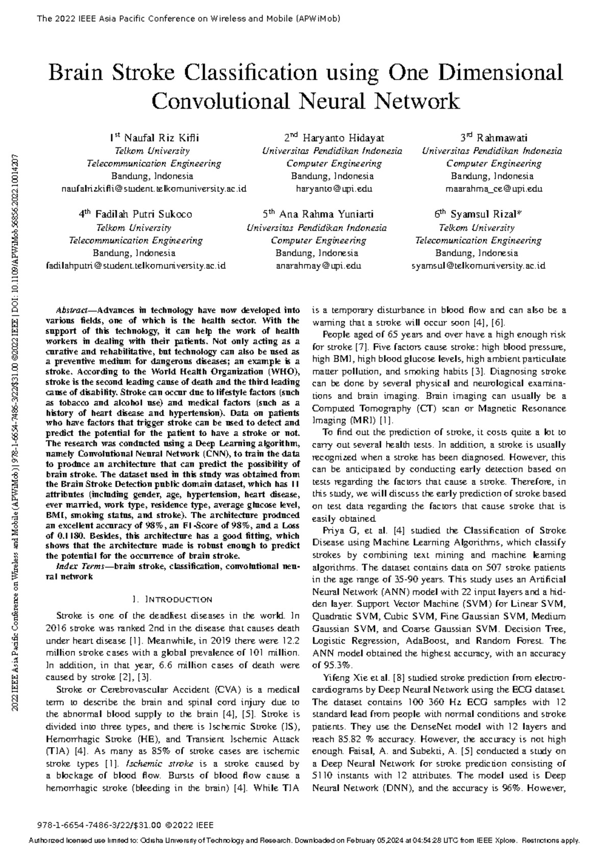 Brain Stroke Classification using One Dimensional Convolutional Neural ...