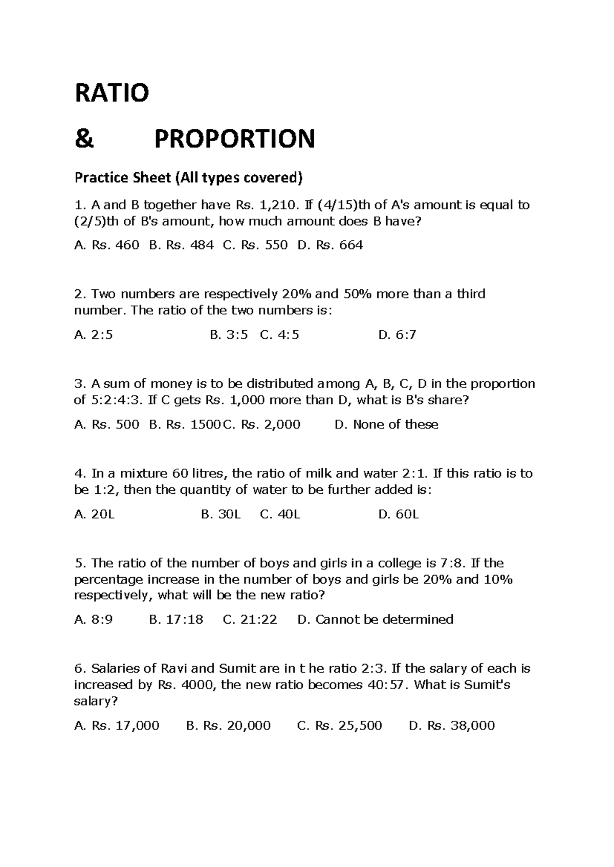 Ratio Proportion Worksheet - RATIO & PROPORTION Practice Sheet (All ...