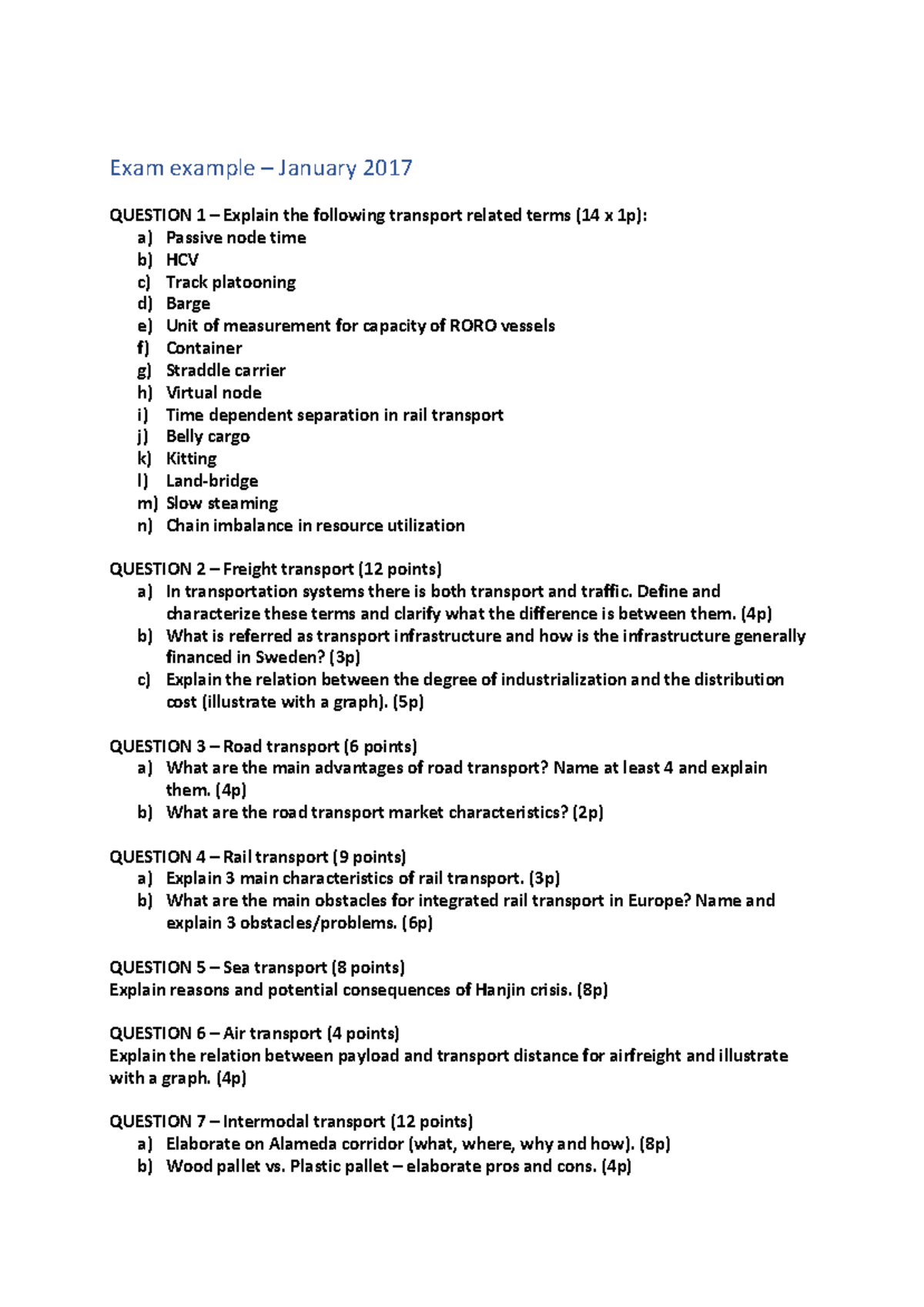 Jan 17 Exam example exam for Freight transport systems - Exam example ...
