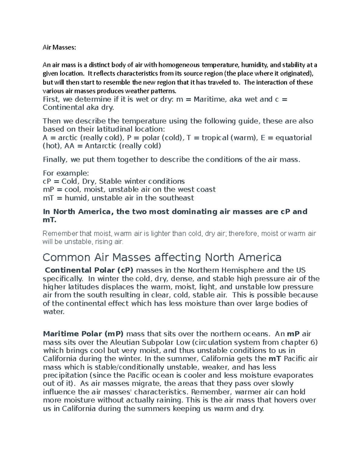 M07 - Lecture notes 1 - Air Masses: An air mass is a disinct body of ...