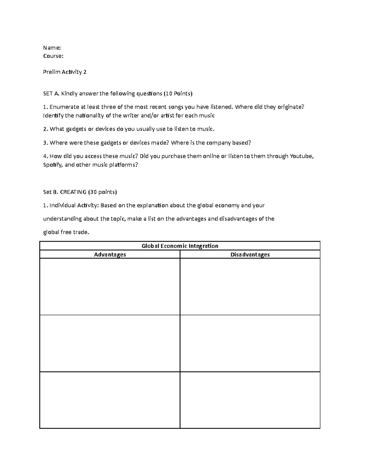 Activity 1 - Name: Course: Prelim Activity 2 SET A. Kindly answer the ...