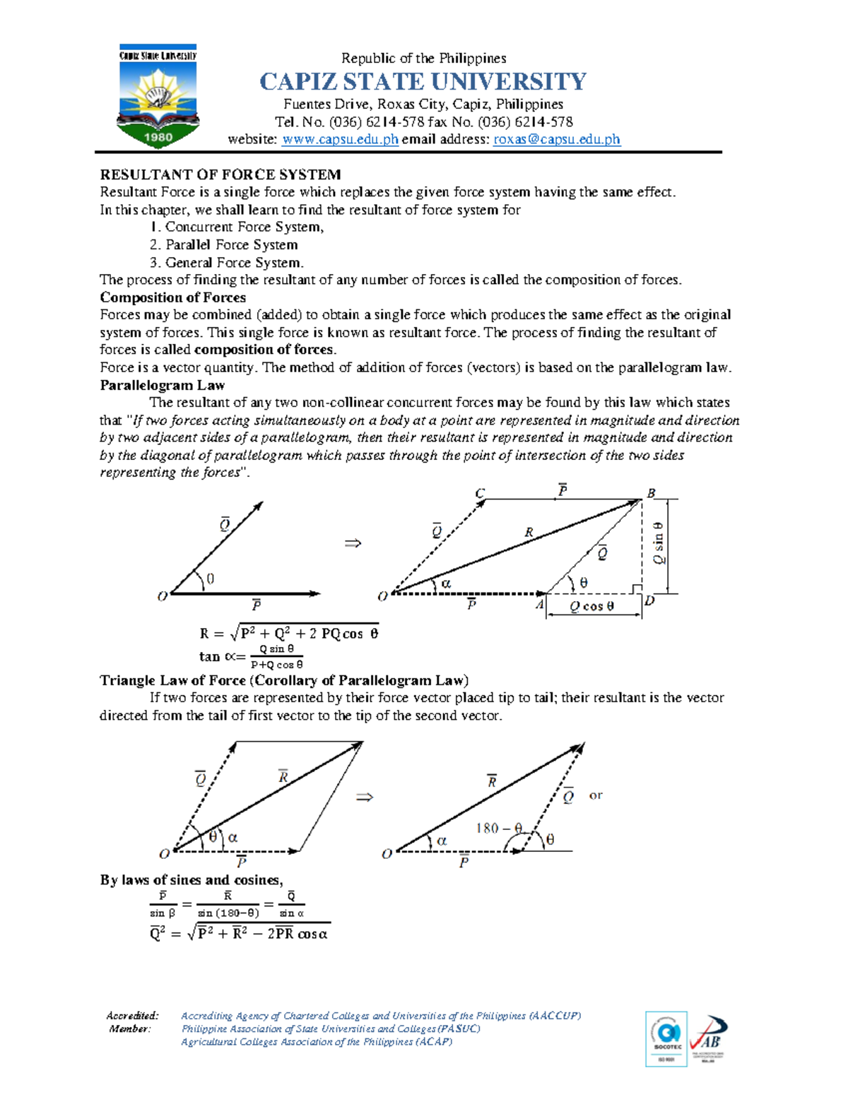 Module 1 Resultant of Concurrent Force Systems Moment of a Force Moment of a Couple - CAPIZ ...