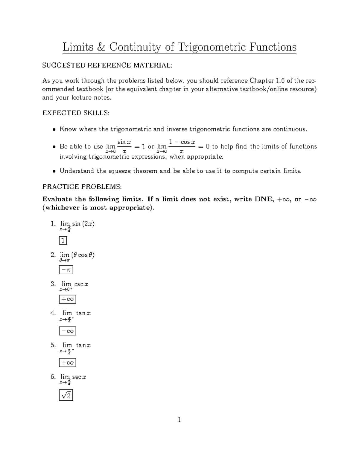 Homework 1 - Limits & Continuity of Trigonometric Functions SUGGESTED ...