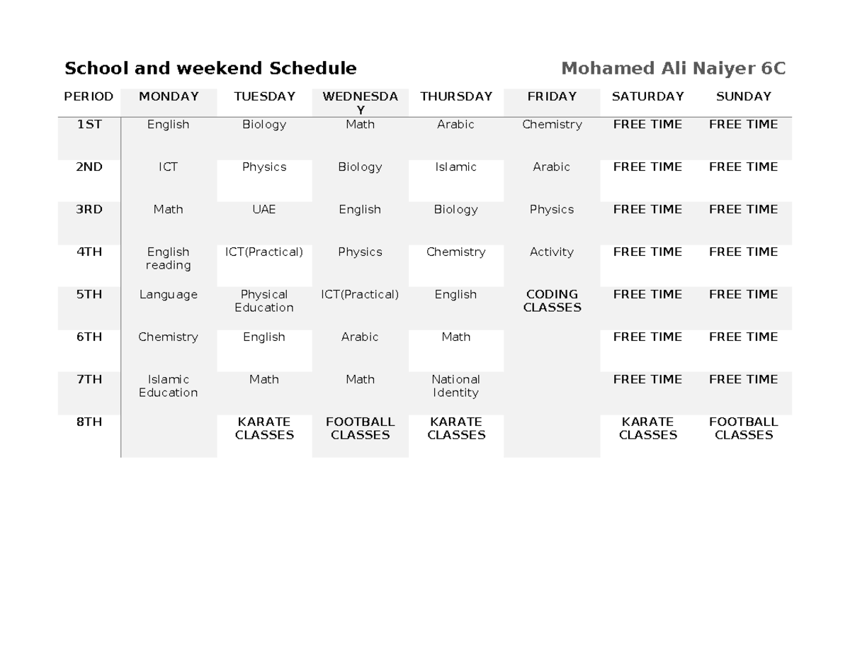 School and weekend Schedule - Studocu