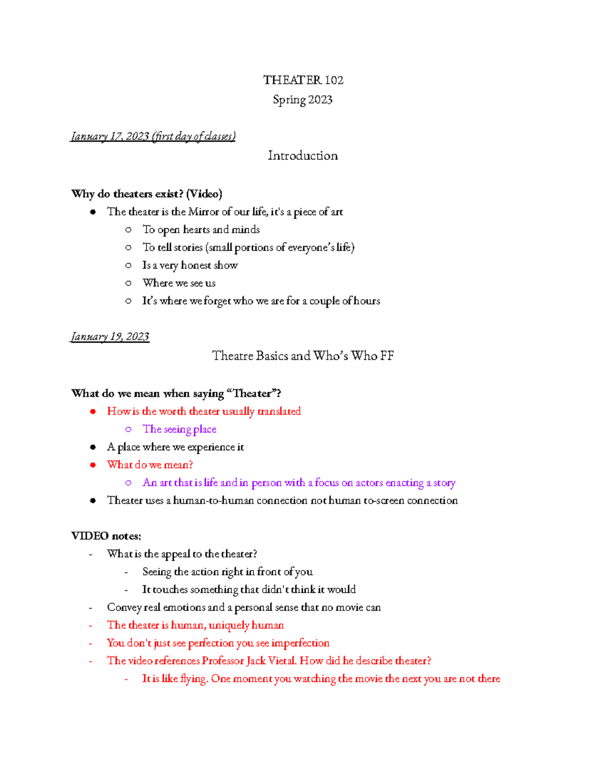 Theater 102 Lecture Notes - THEATER 102 Spring 2023 January 17, 2023 ...