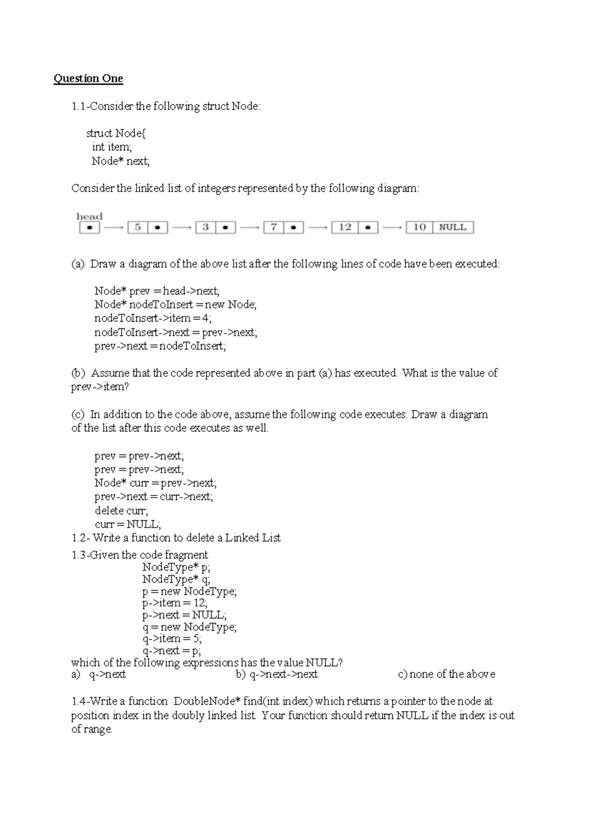 Sample Questions Ds Question One 1 Consider The Following Struct Node Struct Node Int Item