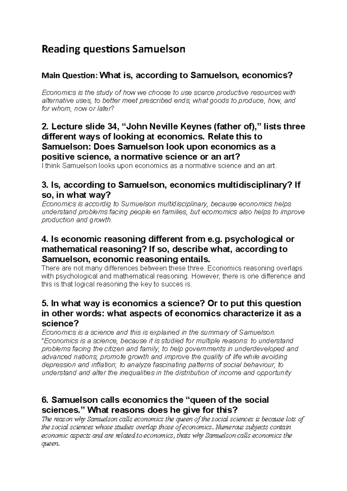 Reading questions Samuelson - Lecture slide 34, “John Neville Keynes ...